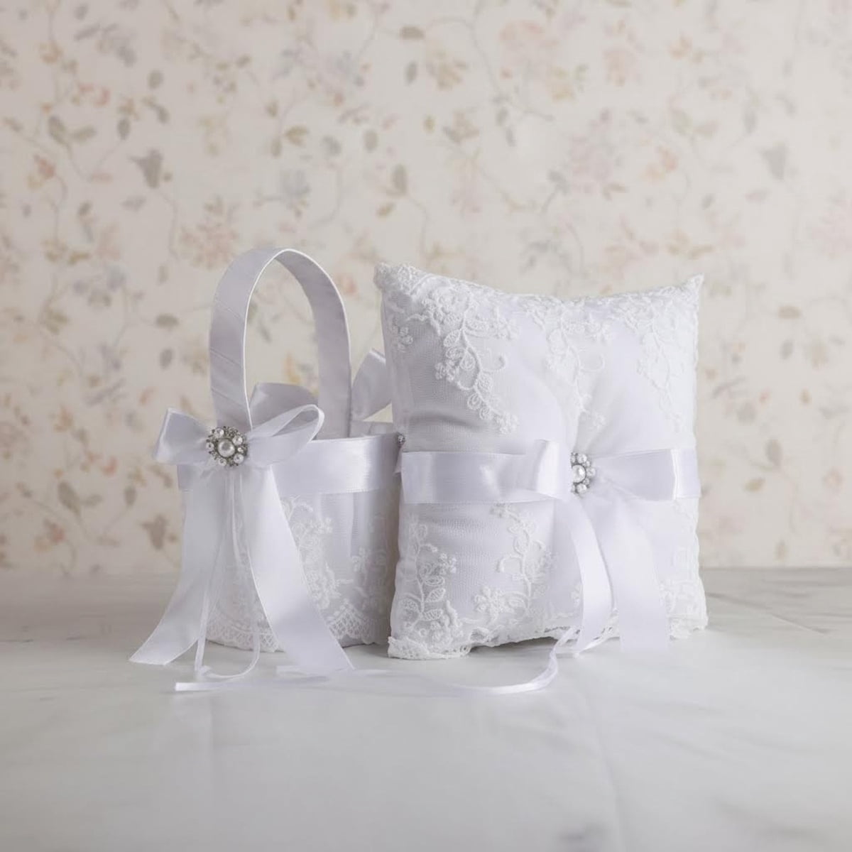 Ring Bearer Pillow and Wedding Flower Girl Basket Set Pearl Rhinestones ...