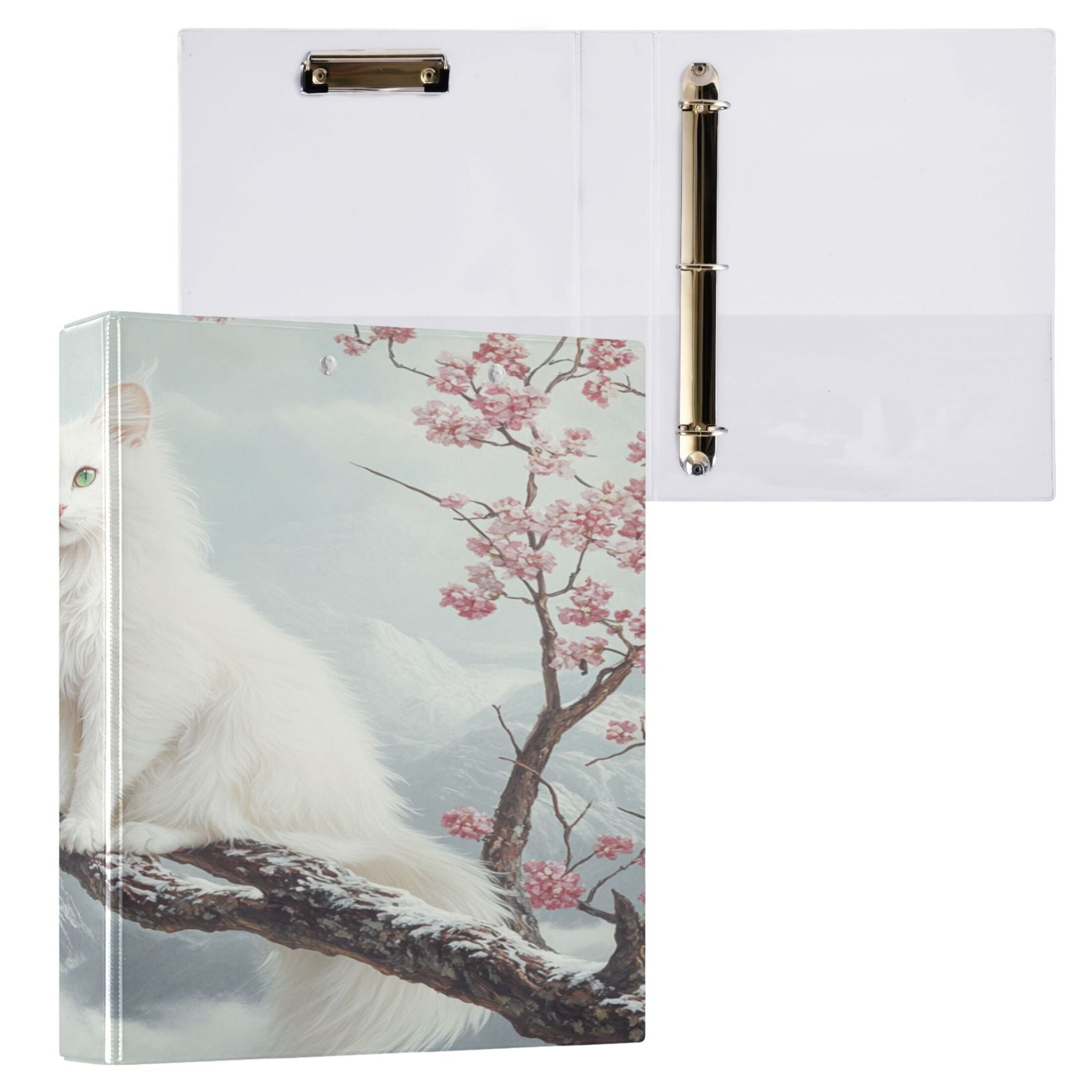 Ring Binders White Cat on Cherry Blossom Tree Presentation1.5-inch ...