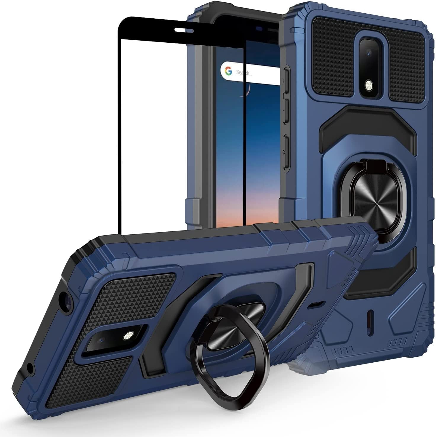 Ring Kickstand Phone Case for Nokia C100 w/Tempered Glass Screen ...