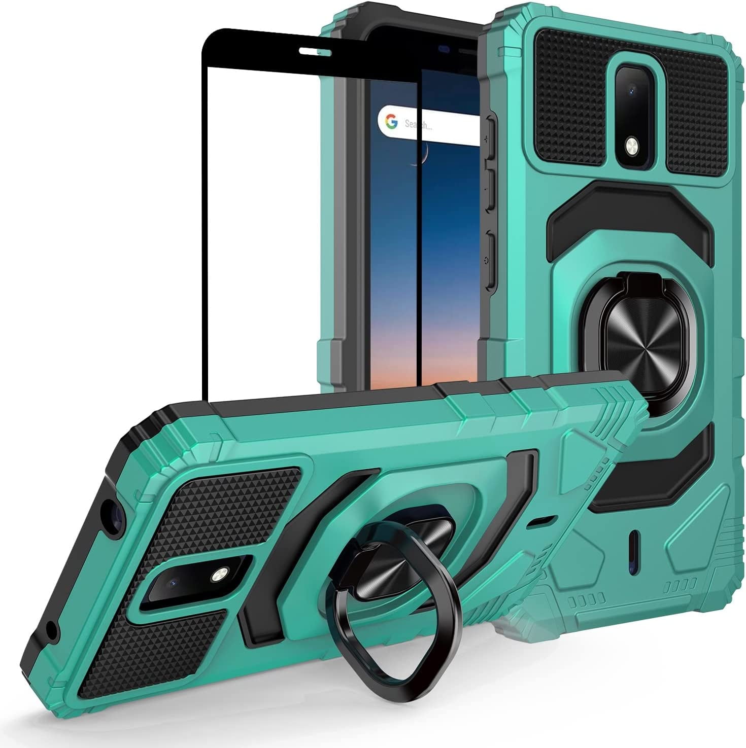 Ring Kickstand Phone Case for Nokia C100 w/Tempered Glass Screen ...
