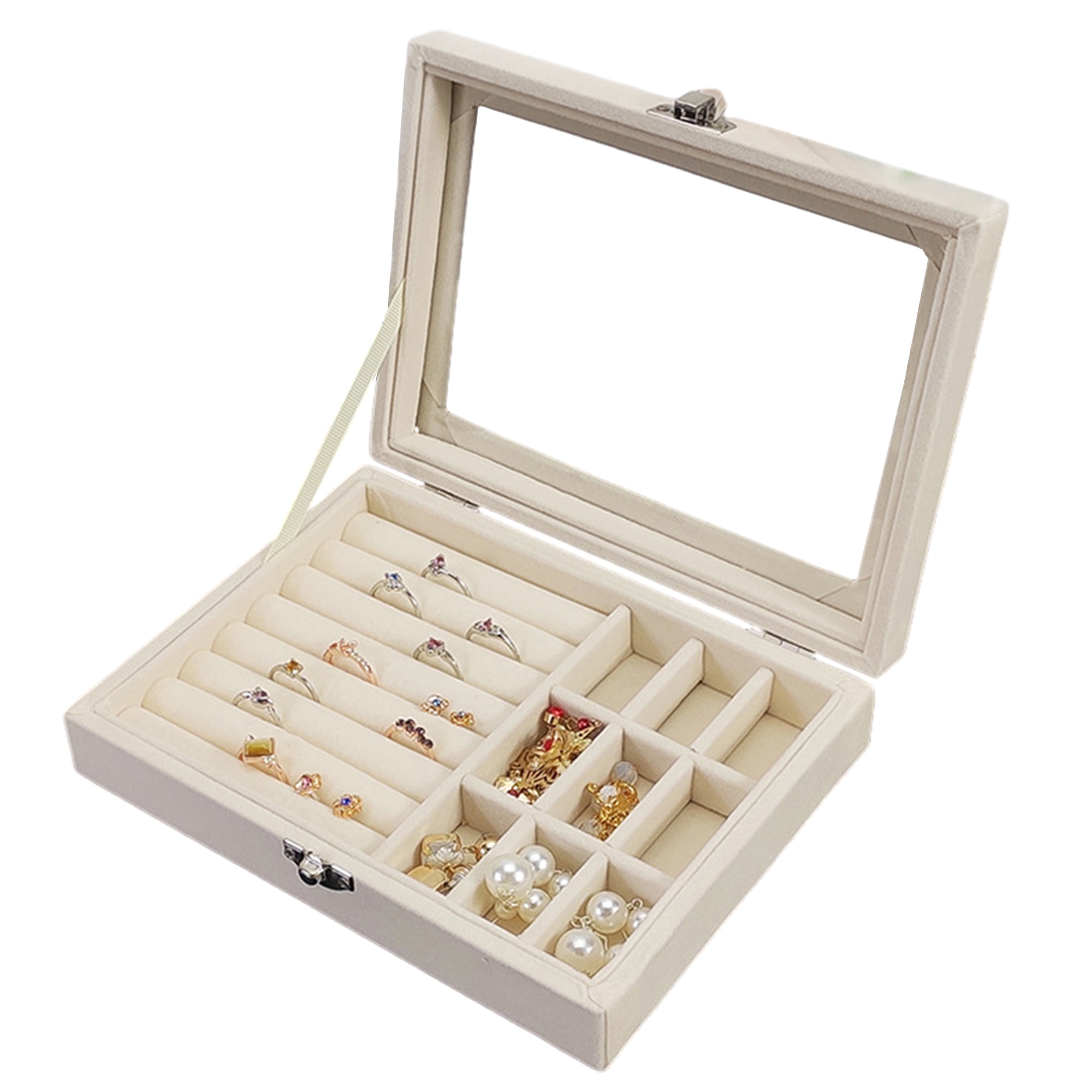 Ring Organizer for Jewelry, Velvet Rings Holder Box with Clear Lid ...