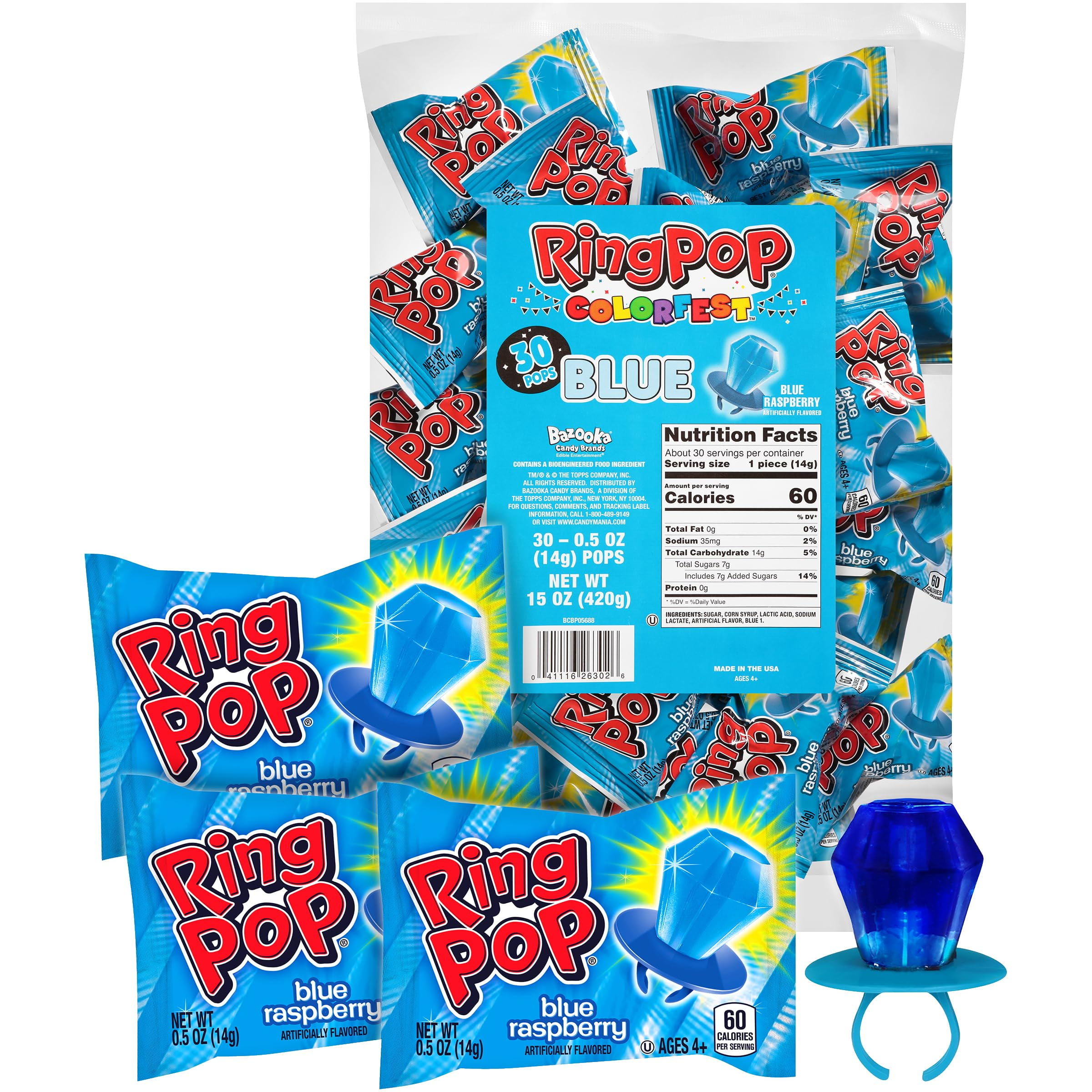Ring Pop Blue Individually AKF18 Wrapped Candy, 30 Count Lollipop Pack ...