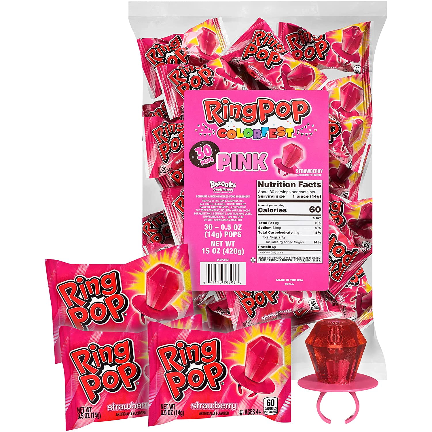 Ring Pop Pink Strawberry Lollipops, Bulk Halloween Candy, 30 Ct ...