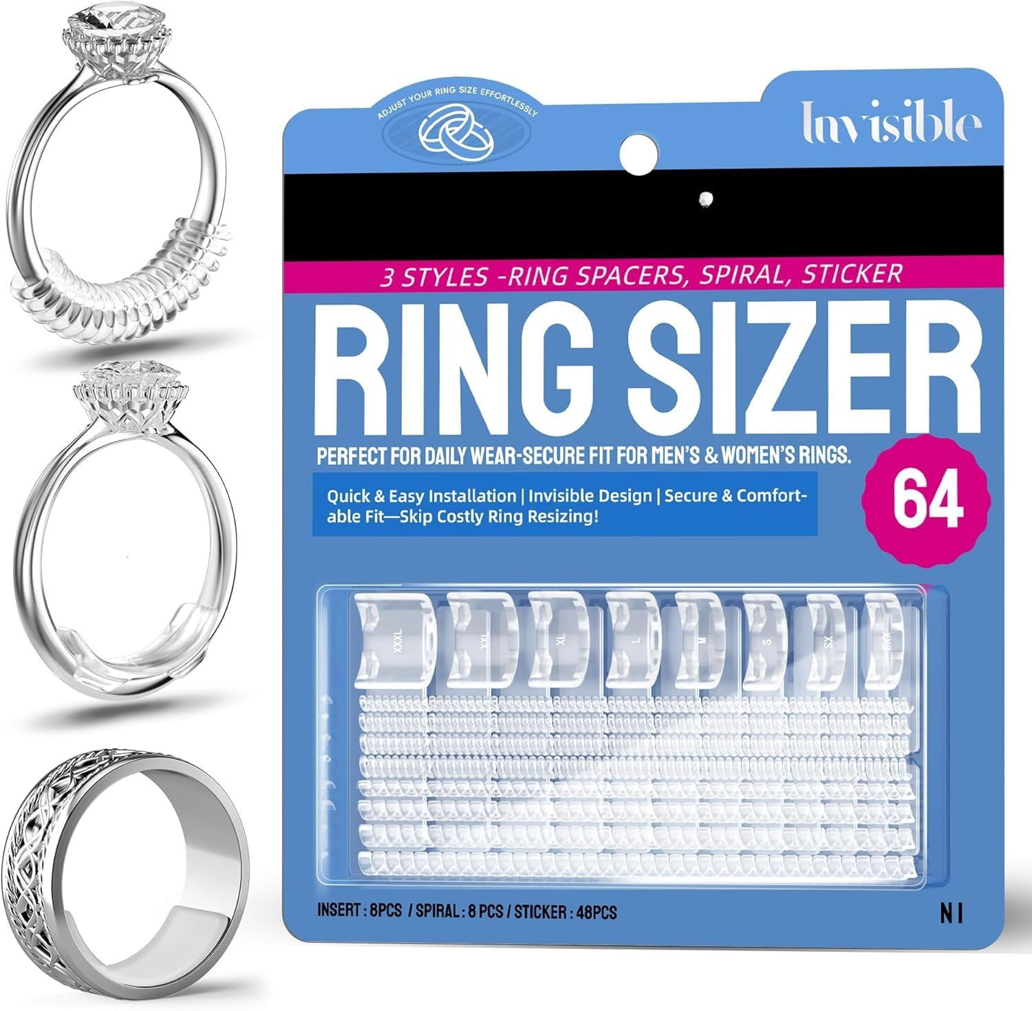 Ring Sizer Adjuster for Loose Rings, 64- Set with 3 Types (Spiral Coils ...