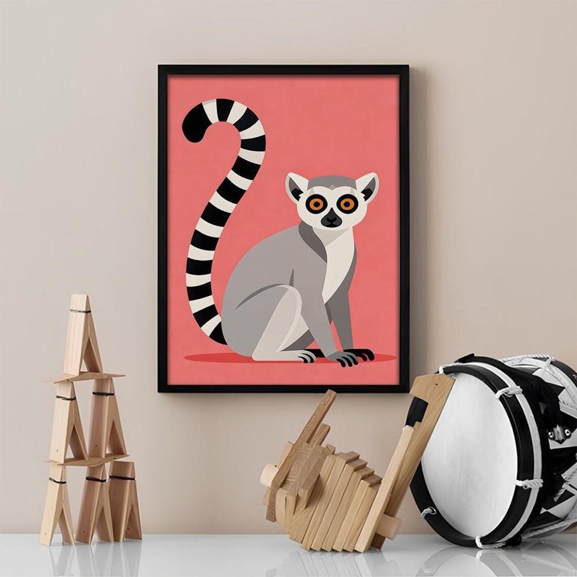Ring-Tailed Lemur Wall Art — Cute Animal Illustration, Coral Nursery ...