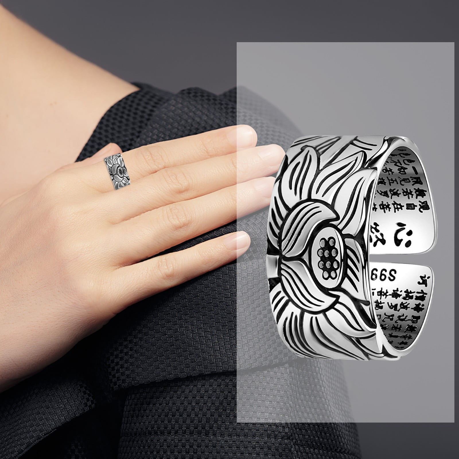 Ring With Thai Heart Sutra Adjustable Open End Finger Ring Ring With ...