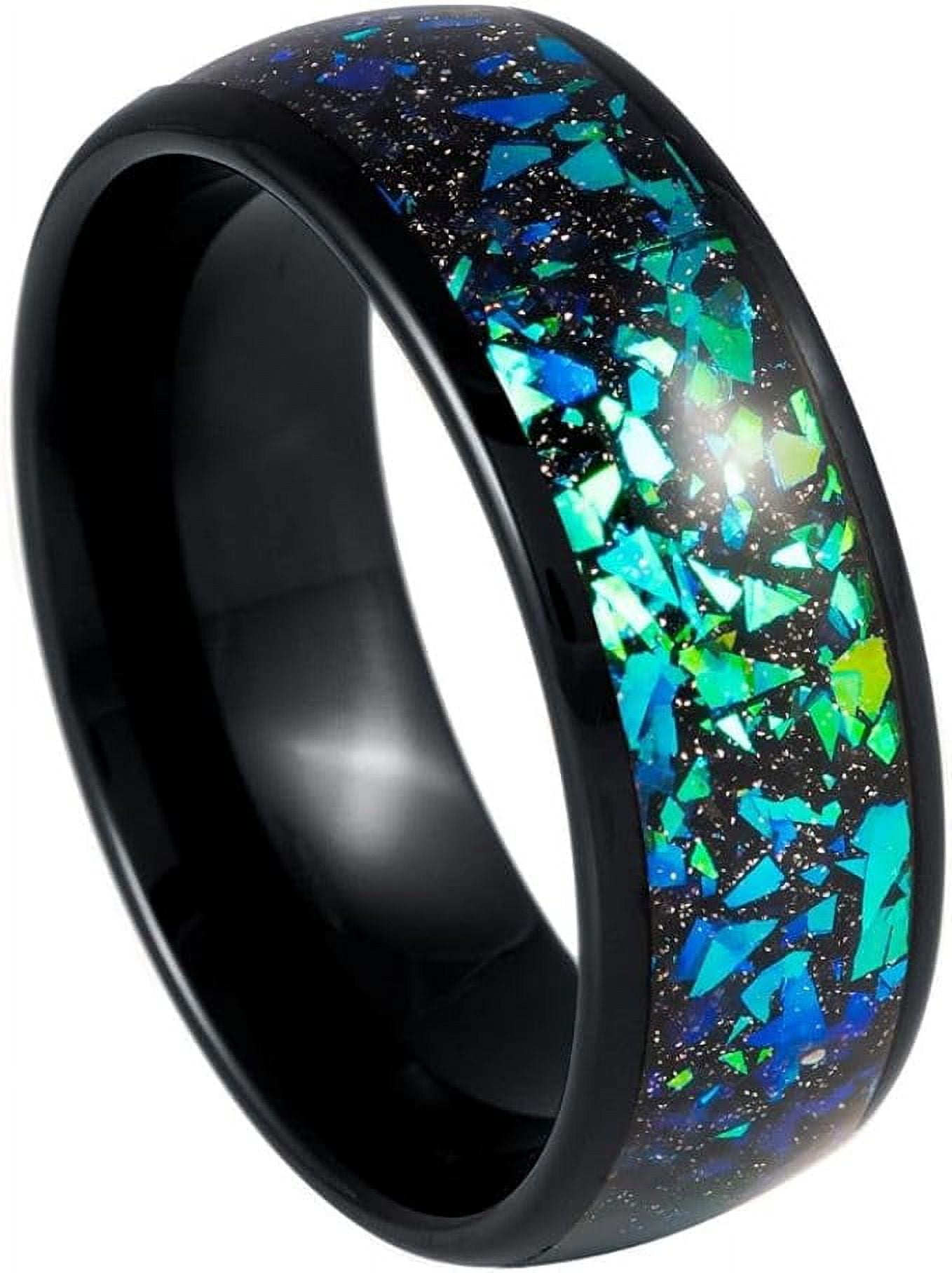 Ring for Men and Ladies Dome Black IP Green Synthetic Opal & Abalone ...