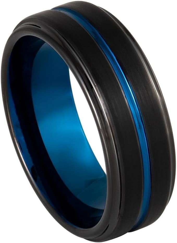 Ring for Men and Women Black IP with Blue Grooved Center Stepped Edge ...