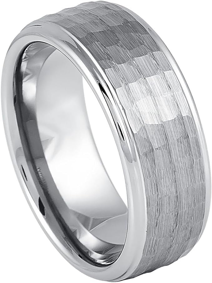 Ring for Men and Women Tungsten Ring Stepped Down Edge Hammered Center ...