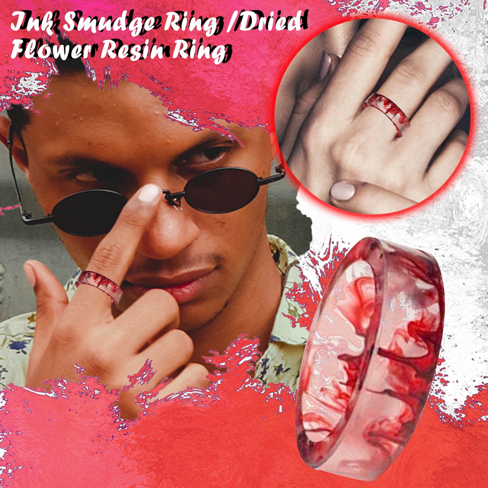 Ring on Sale！Ink Original Ice and Flame Smudges Crystal Resin Punk Men ...