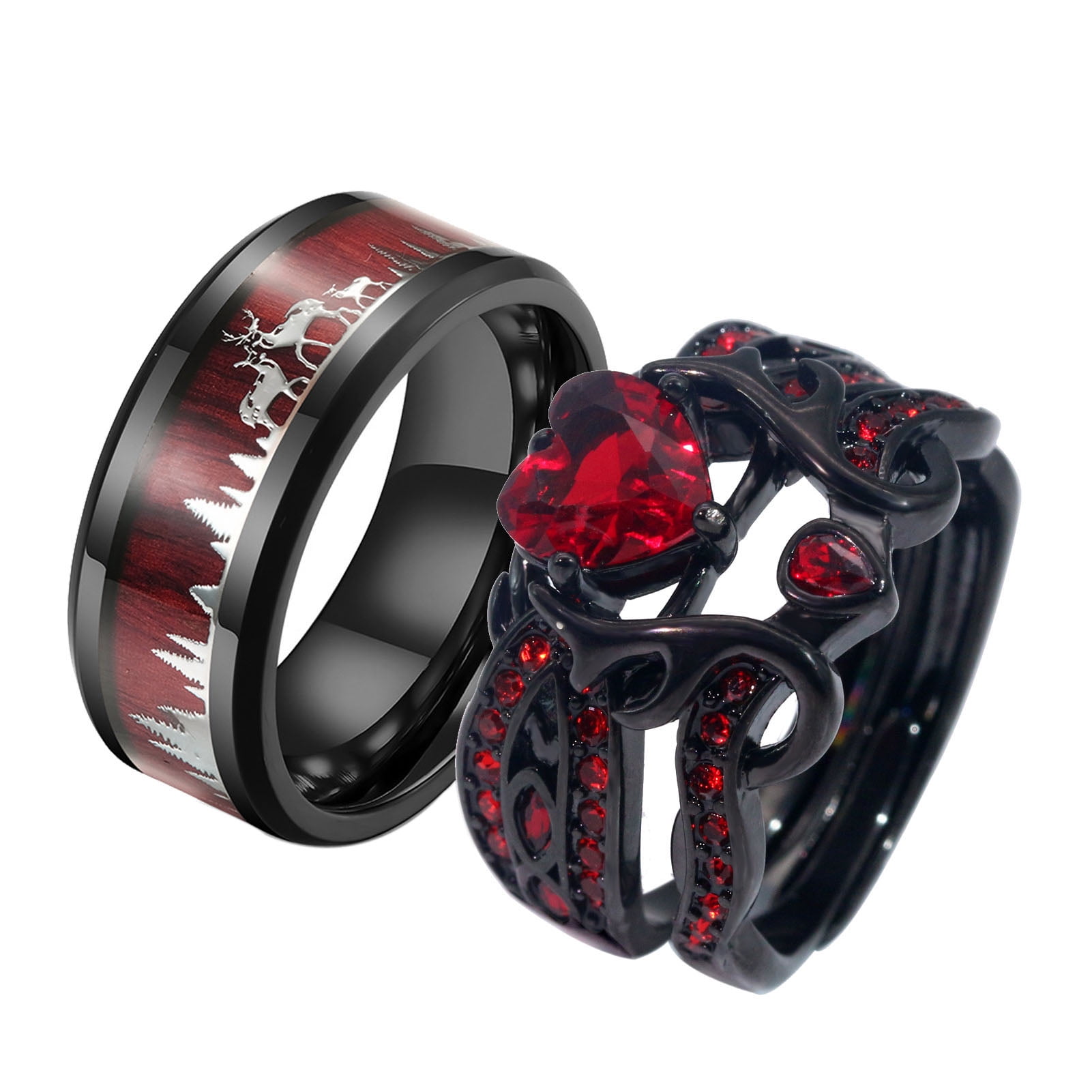 Ringheart Couple Rings Antlers Design Black Matching Ring 1CT AAA CZ Women Wedding Ring Sets for ...