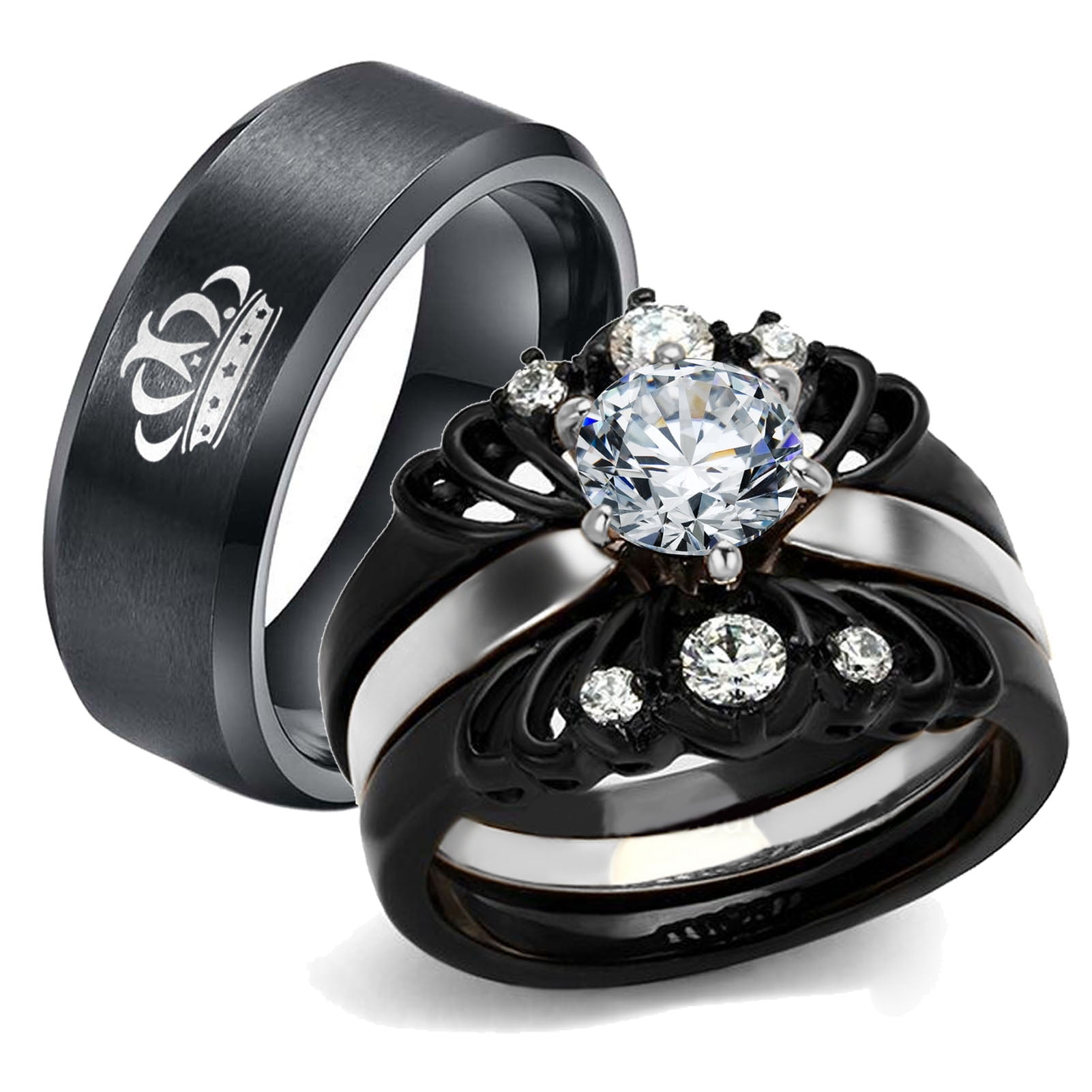 Ringheart Couple Rings Black Matching Rings Crown Ring Women Wedding ...