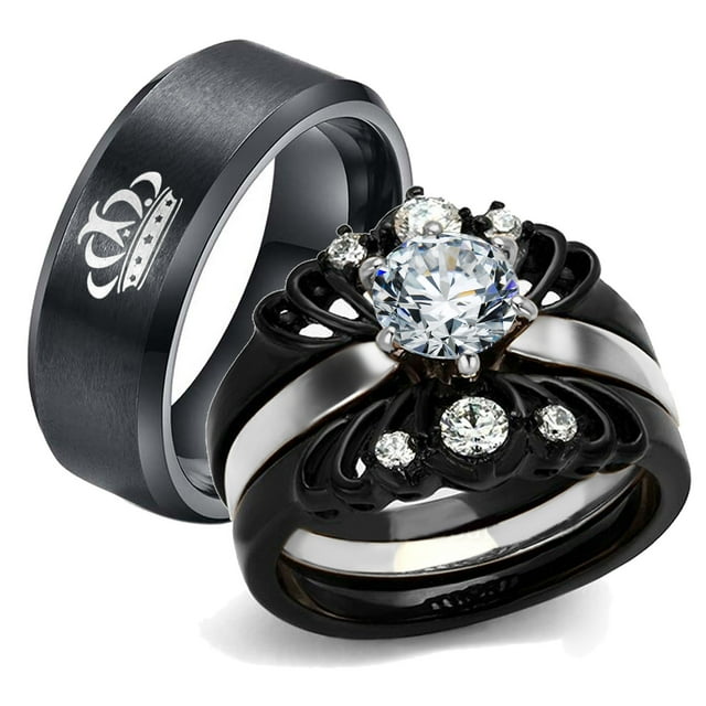 Ringheart Couple Rings Black Matching Rings Crown Ring Women Wedding ...