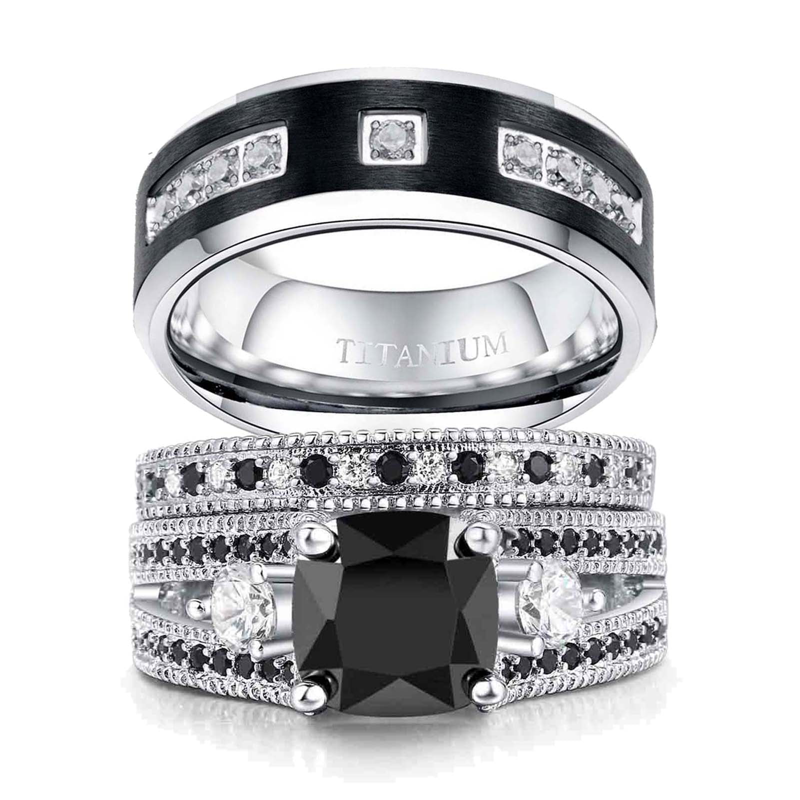 Ringheart Couple Rings Matching Ring Black 1CT CZ White Gold Plated Women Wedding Ring Sets for ...