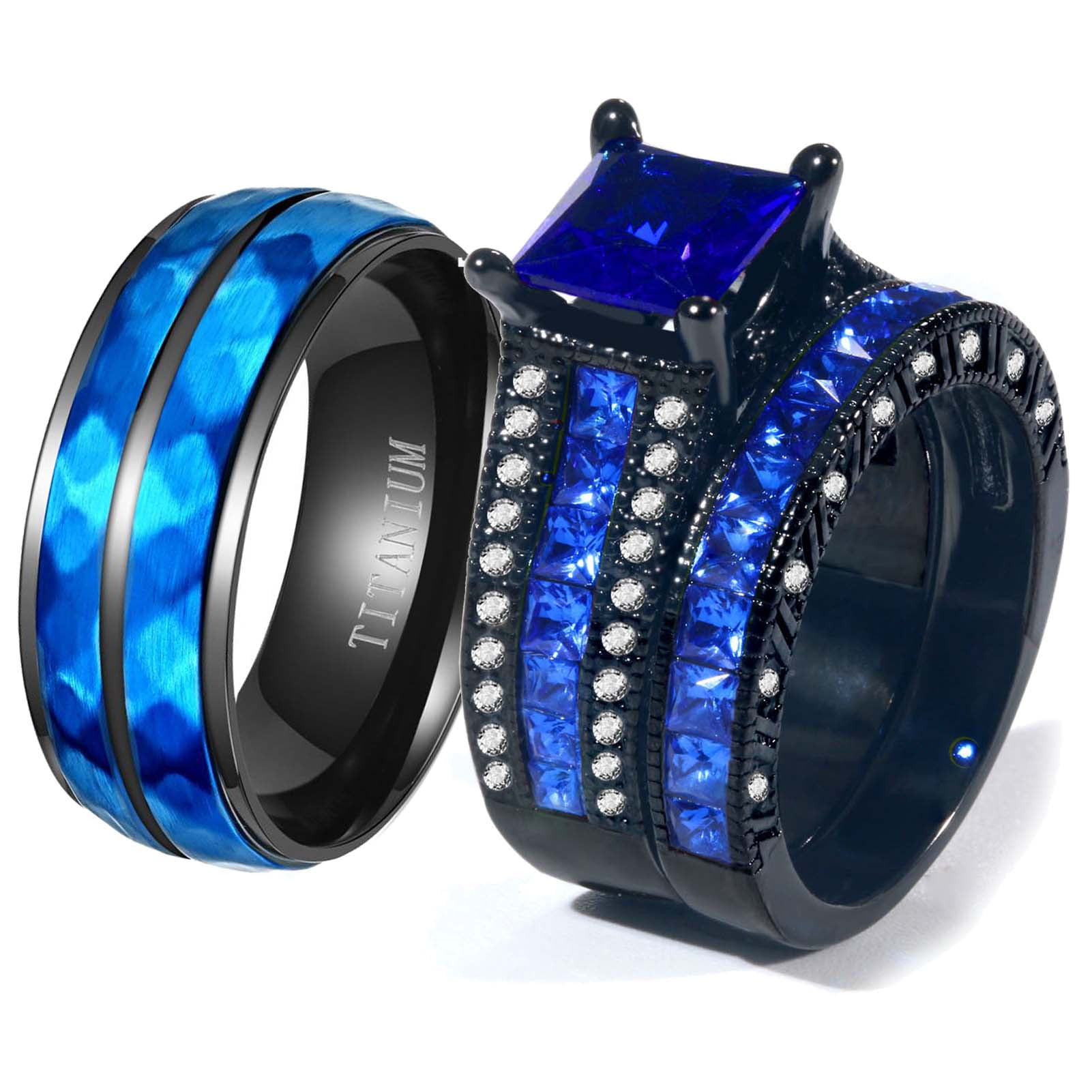 Ringheart Couple Rings Matching Rings 1.5ct Blue CZ Womens Wedding Ring ...
