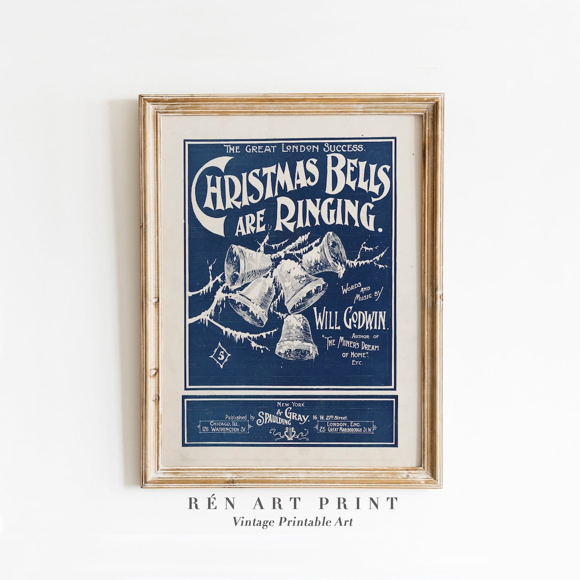 Ringing Bells Poster, Blue Winter Wall Art, Antique Decor Warm Present ...