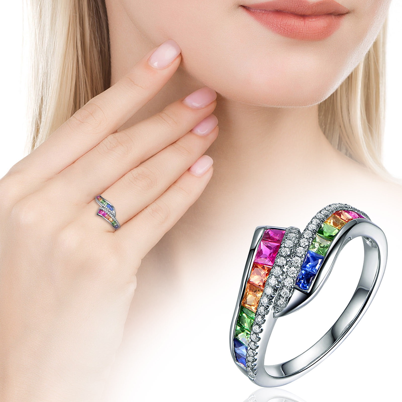 Rings for Your Girlfriend Inlaid Rainbow Colored Gemstone Ring Finger ...
