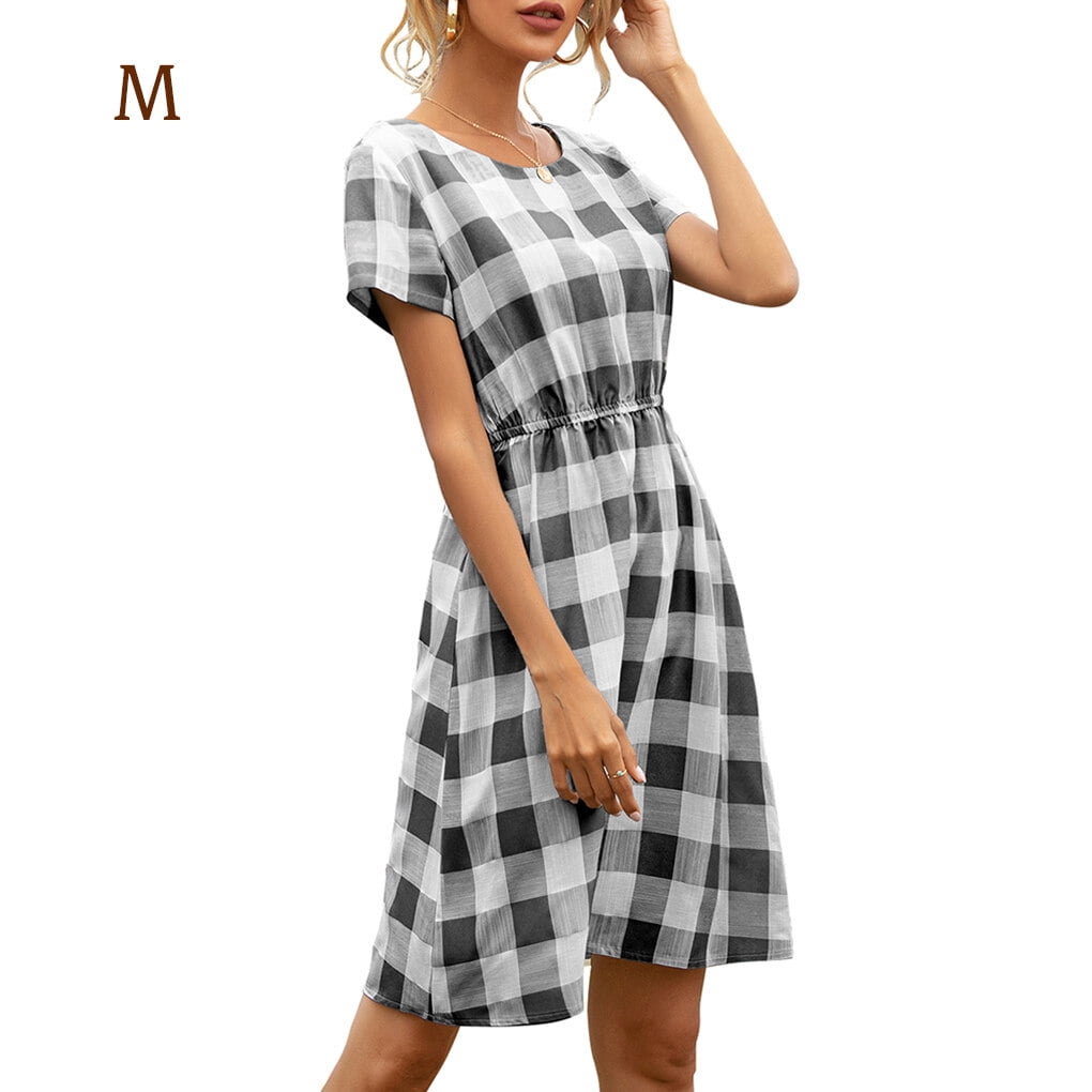 Rinhoo Women Plaid Checkered Printed V-Neck Short-Sleeve Mini Dress, M, Black and White ...