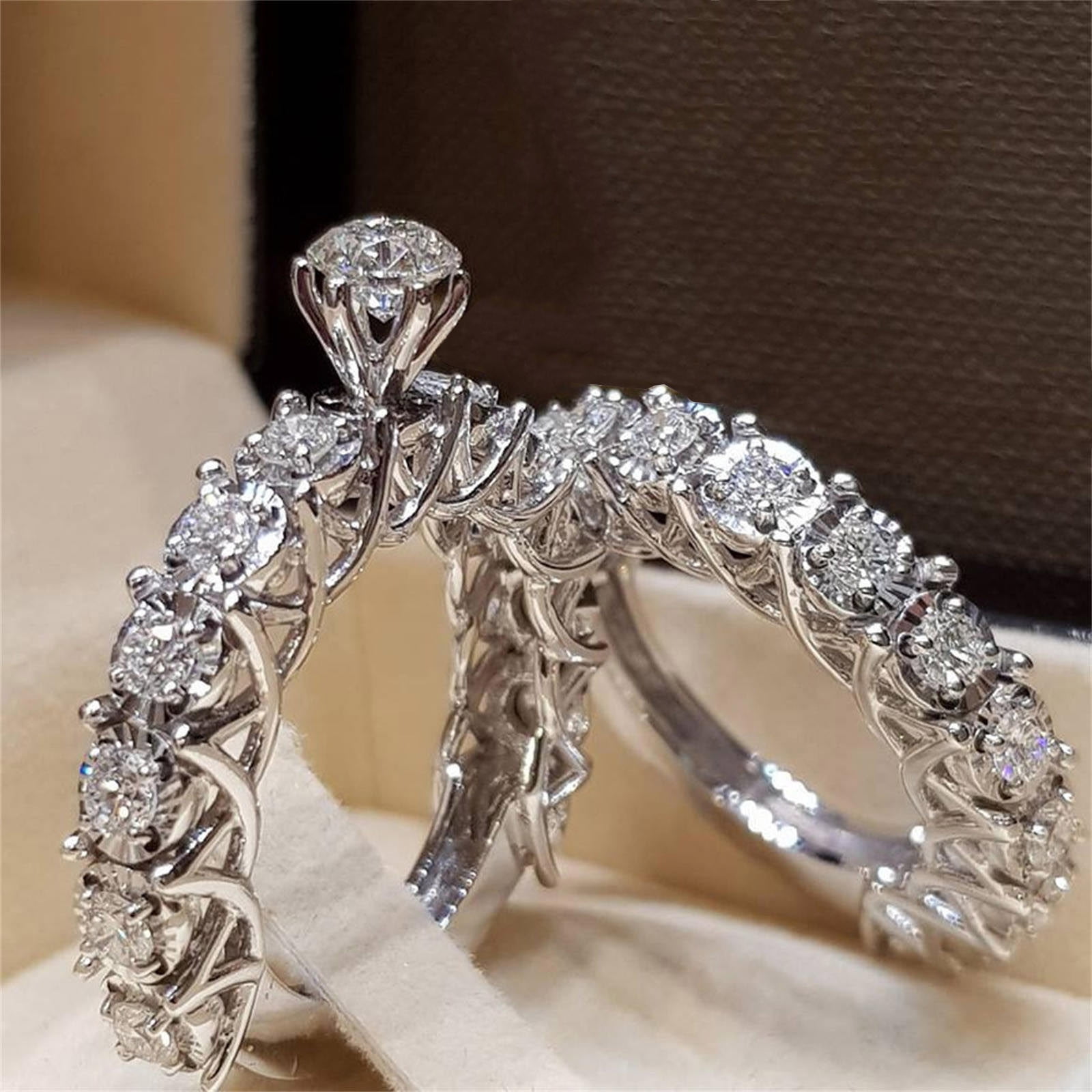 Rinsvye 2 In 1 Women White Stone Ring Set Wedding Engagement Jewelry ...