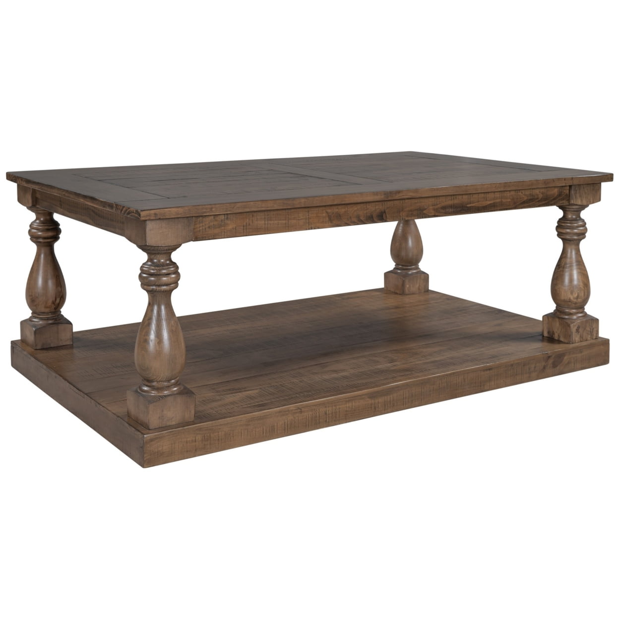 Rio 45 Inch Classic Coffee Table, Turned Legs and Open Shelf, Rustic ...