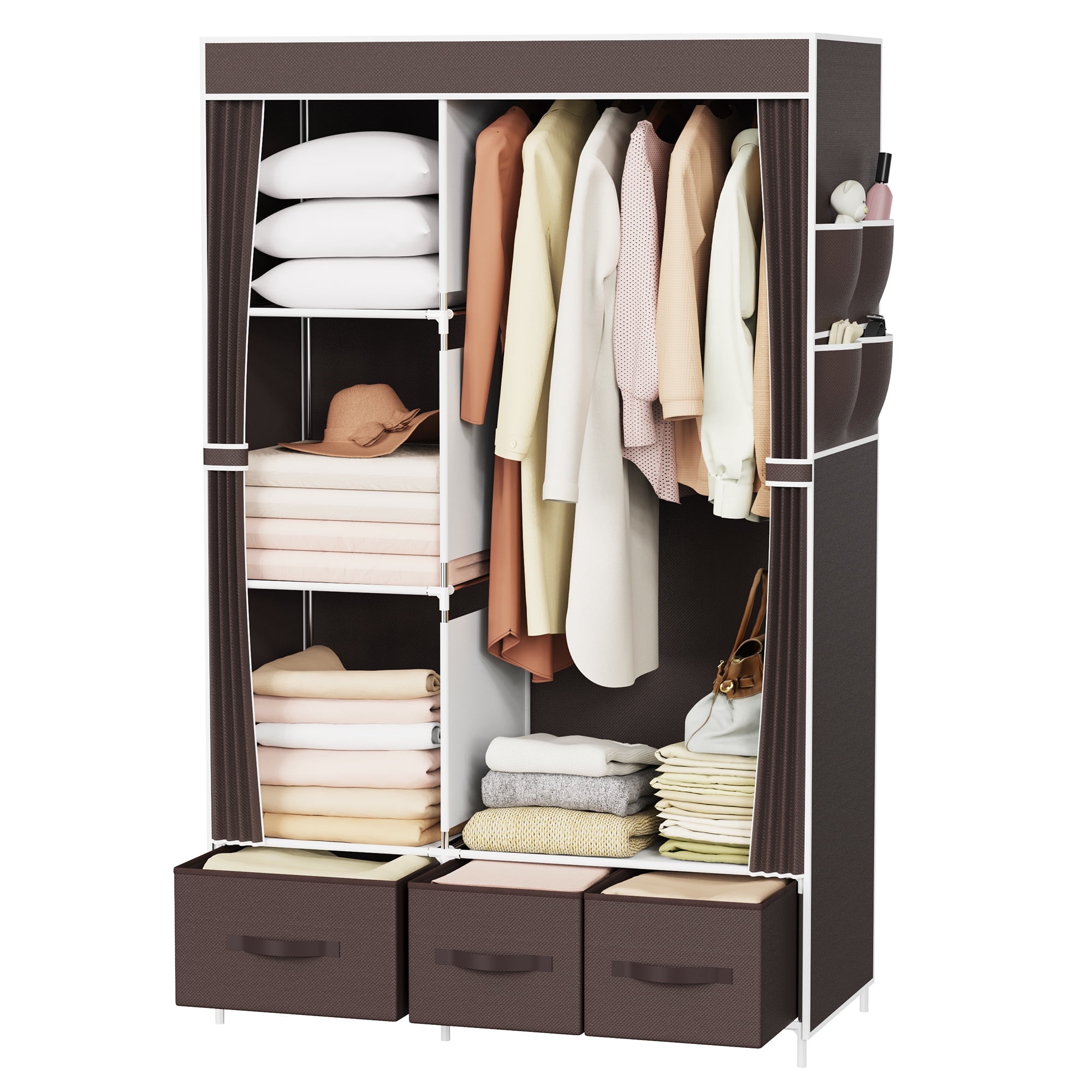 Riousery Portable Closet Bedroom Wardrobe Closet Organizer with Cover 3 Storage Boxes Hanging Rods and Shelves Brown