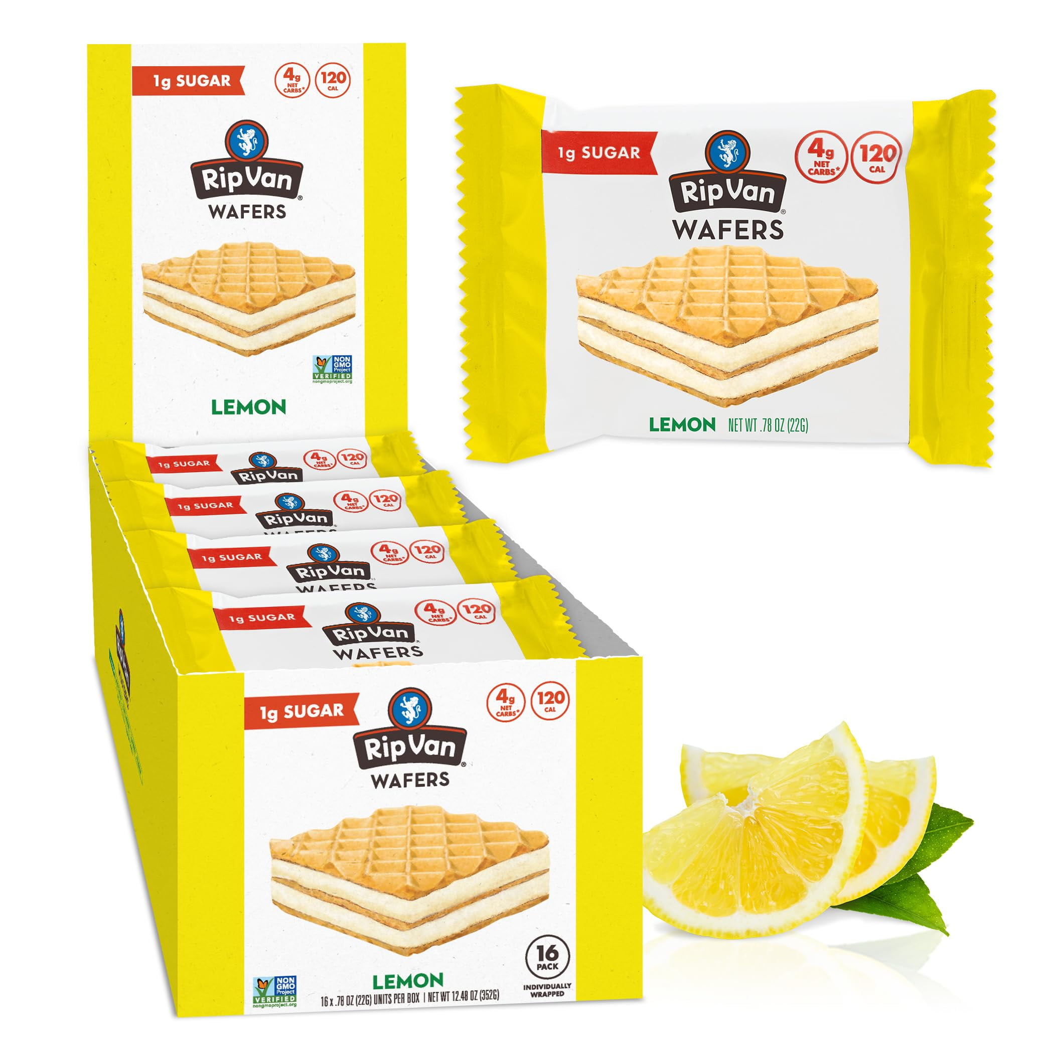 Rip Van Wafels Lemon TGF4 Cookies, 16 Count, 1g Sugar, 4g Carbs, Vegan ...