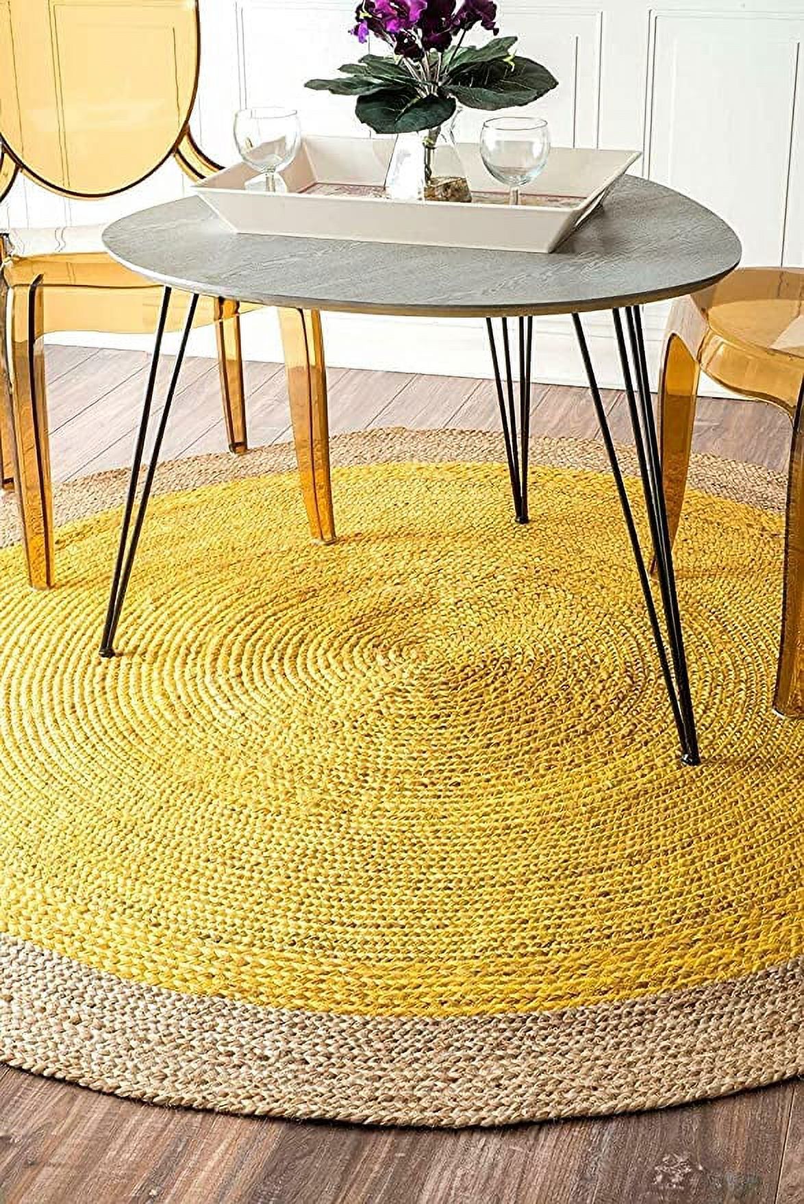 Ripaz Vogue Jute Rug Round Hand Braided Yellow with Beige Circle Area ...