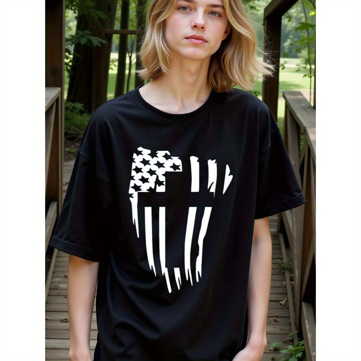 Ripped American Flag Black Oversized Tee, 100% Cotton - Walmart.com