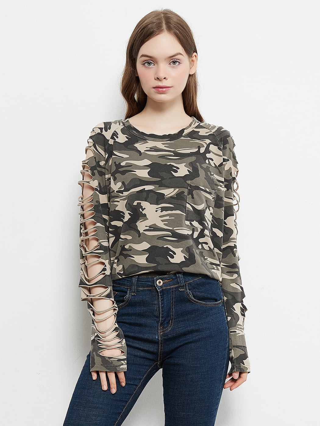 Ripped Cut Out Holes Long Sleeve Faded Distressed Top Pullover Shirt ...