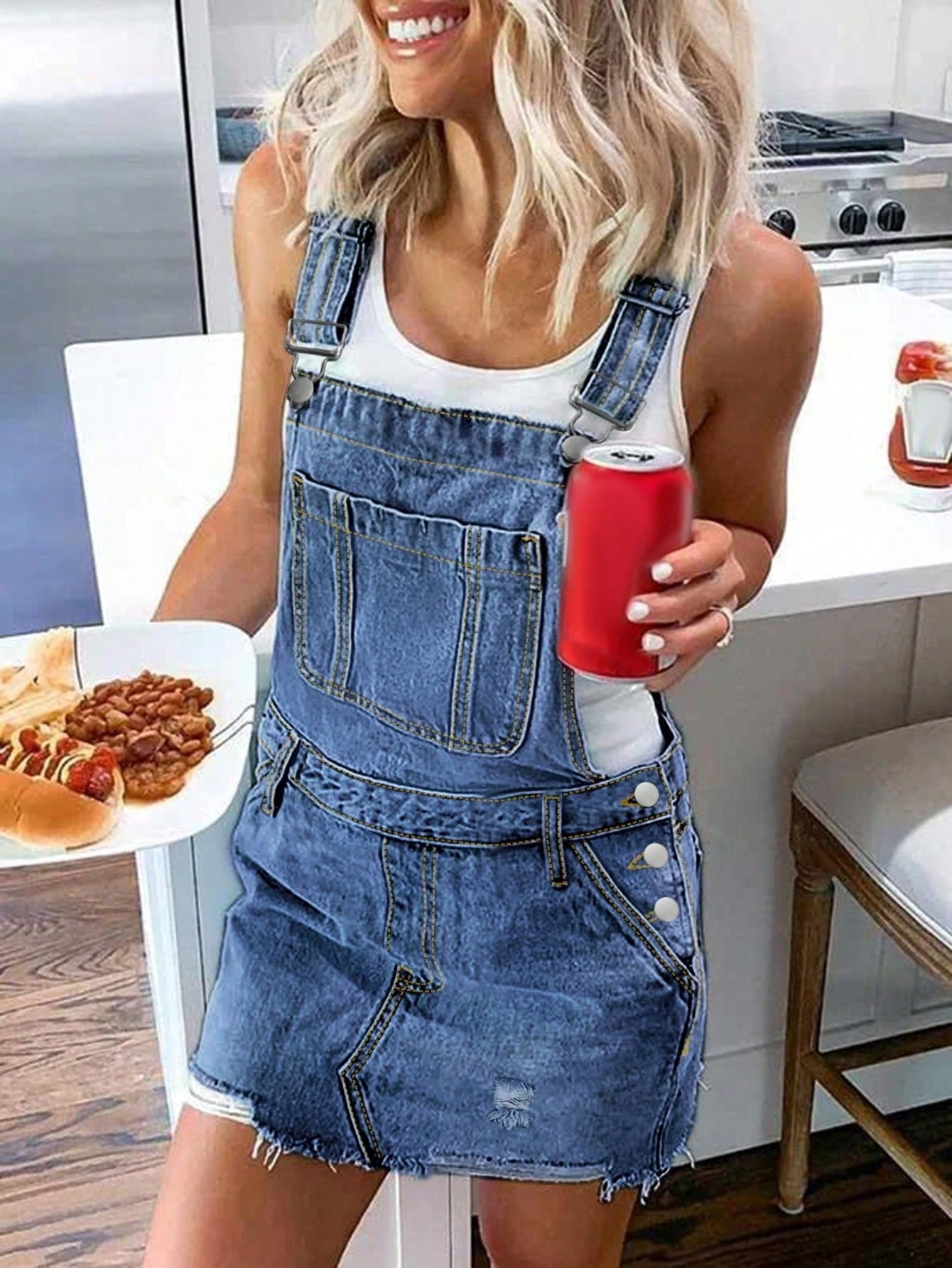 Ripped Denim Suspender Dress For Women's Casual Wear Adjustable Slim ...