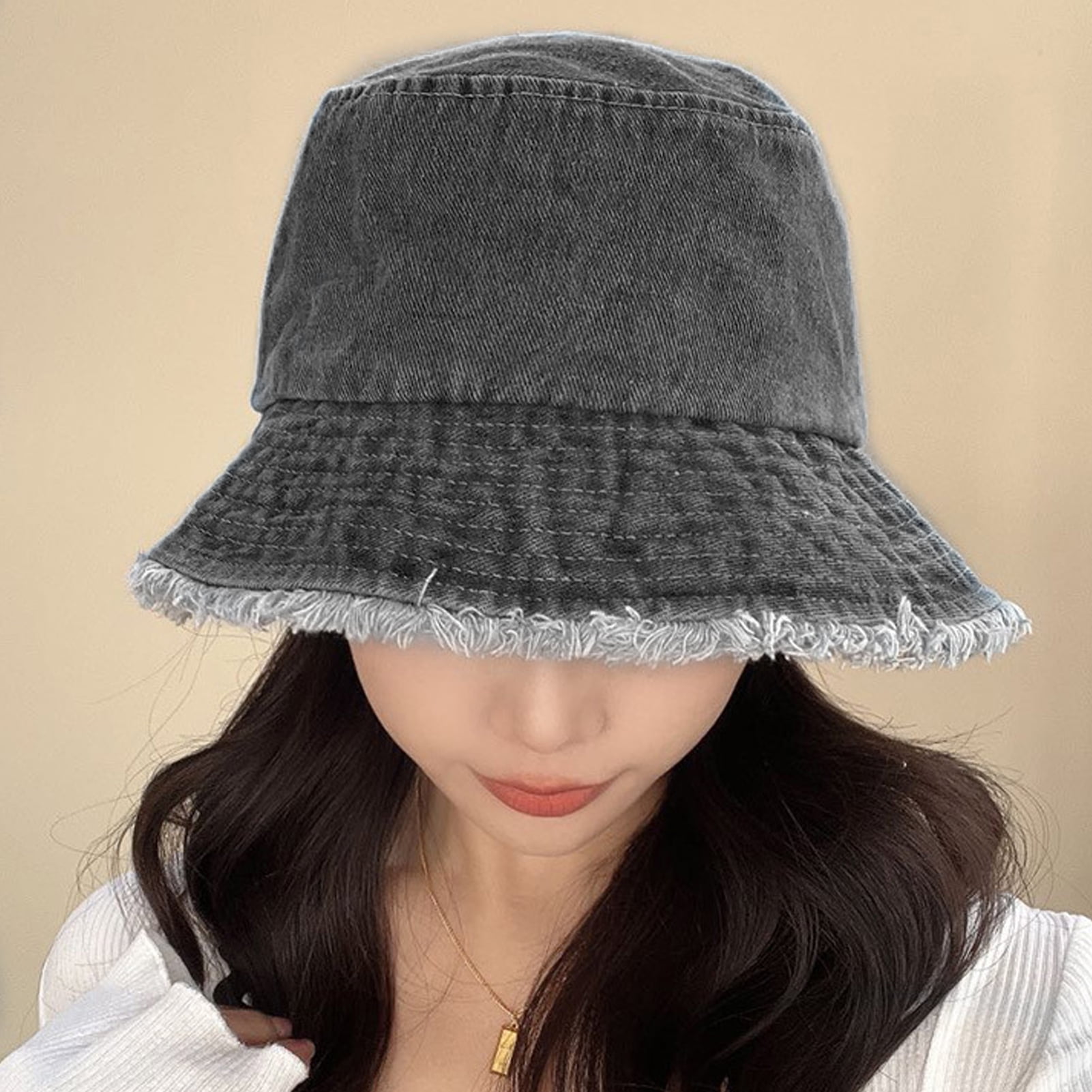 Ripped Frayed Brim Bucket Hats Distressed Washed Jean Fisherman Cap ...