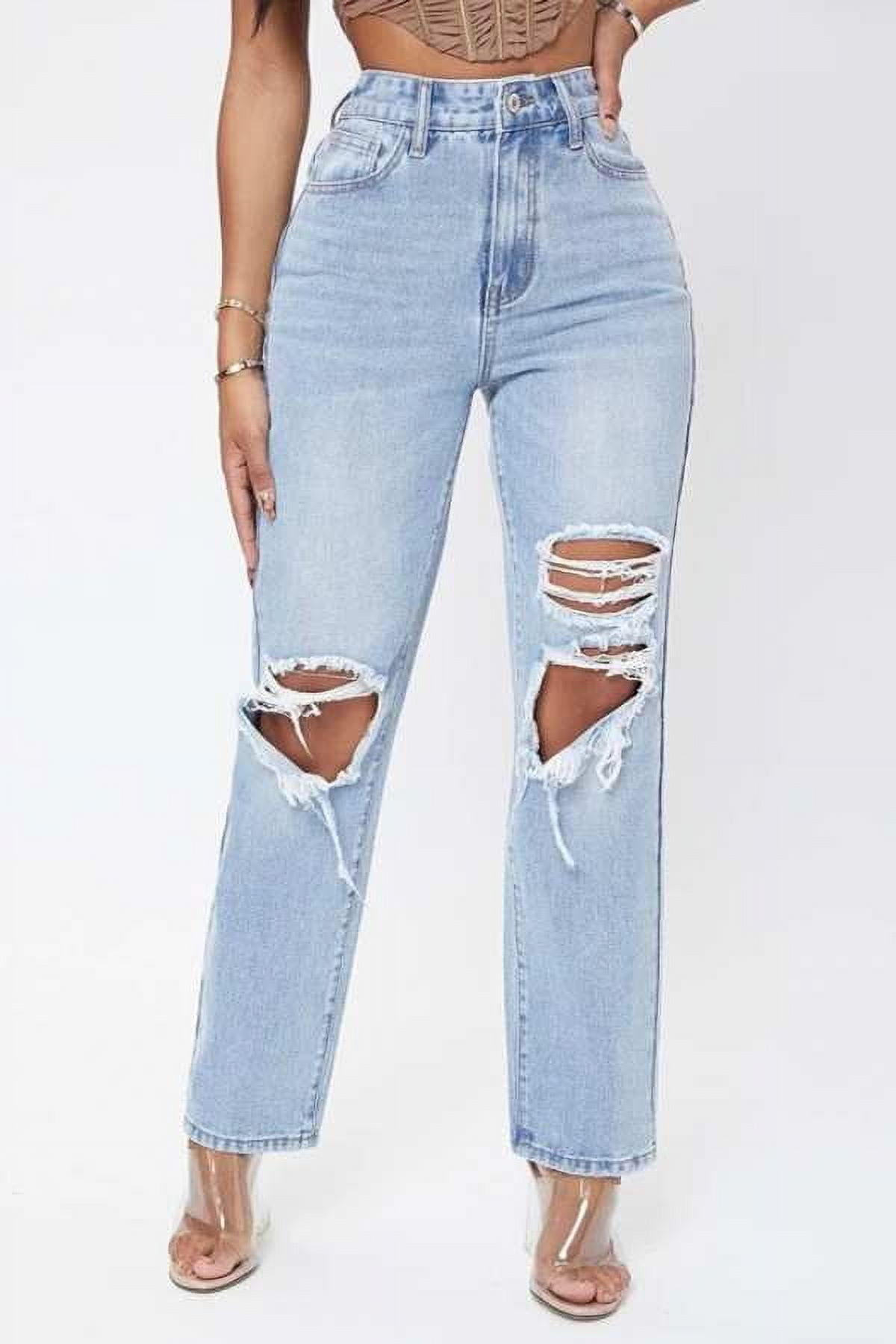 Ripped High Waist Straight Leg Jeans (S, LightBlue) - Walmart.com