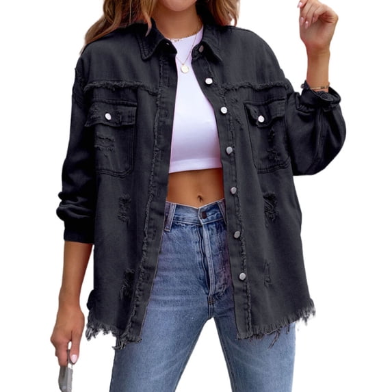 Ripped Jean Jacket for Women Distressed Washed Button Down Frayed Hem ...