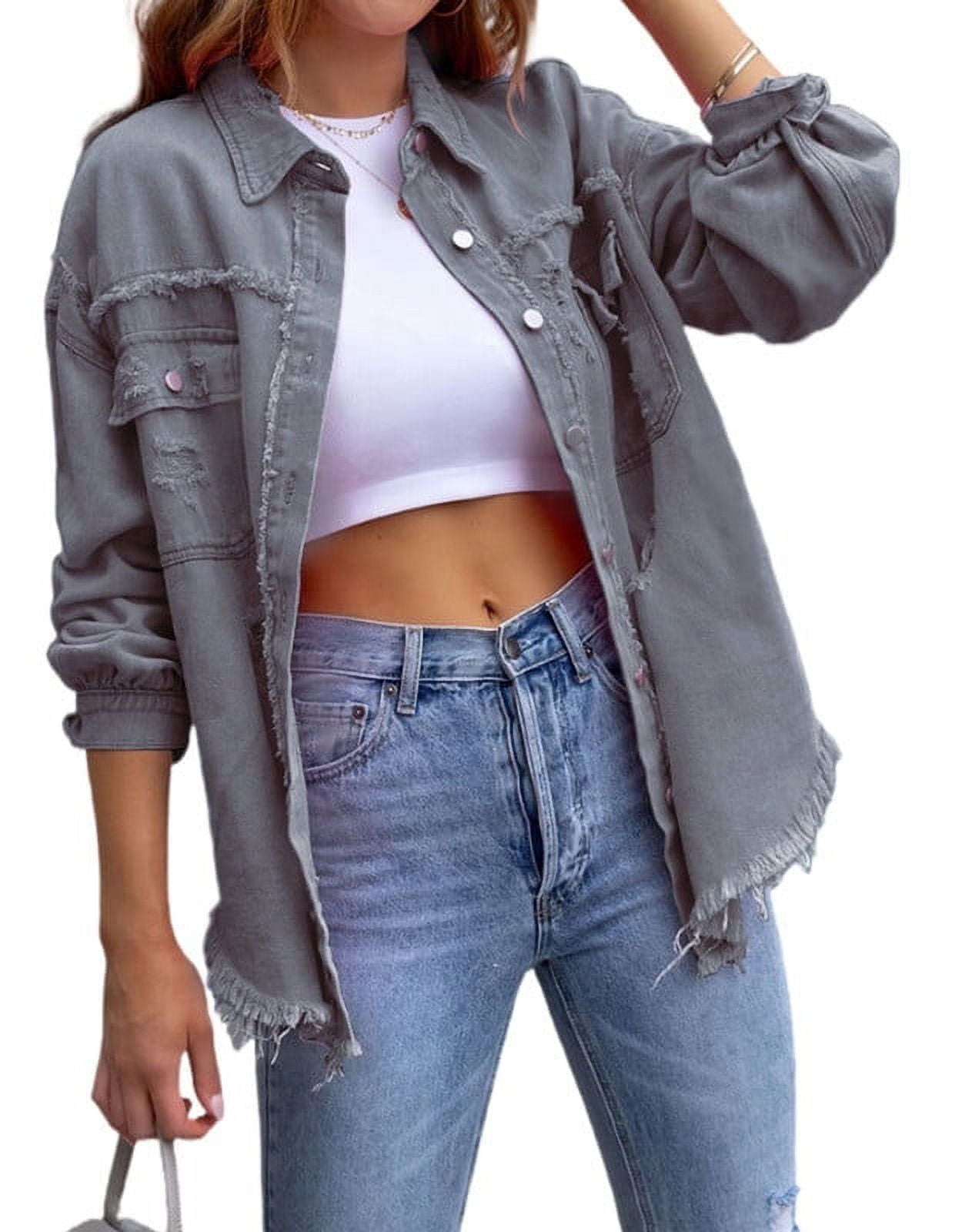 Ripped Jean Jacket for Women Distressed Washed Button Down Frayed Hem ...