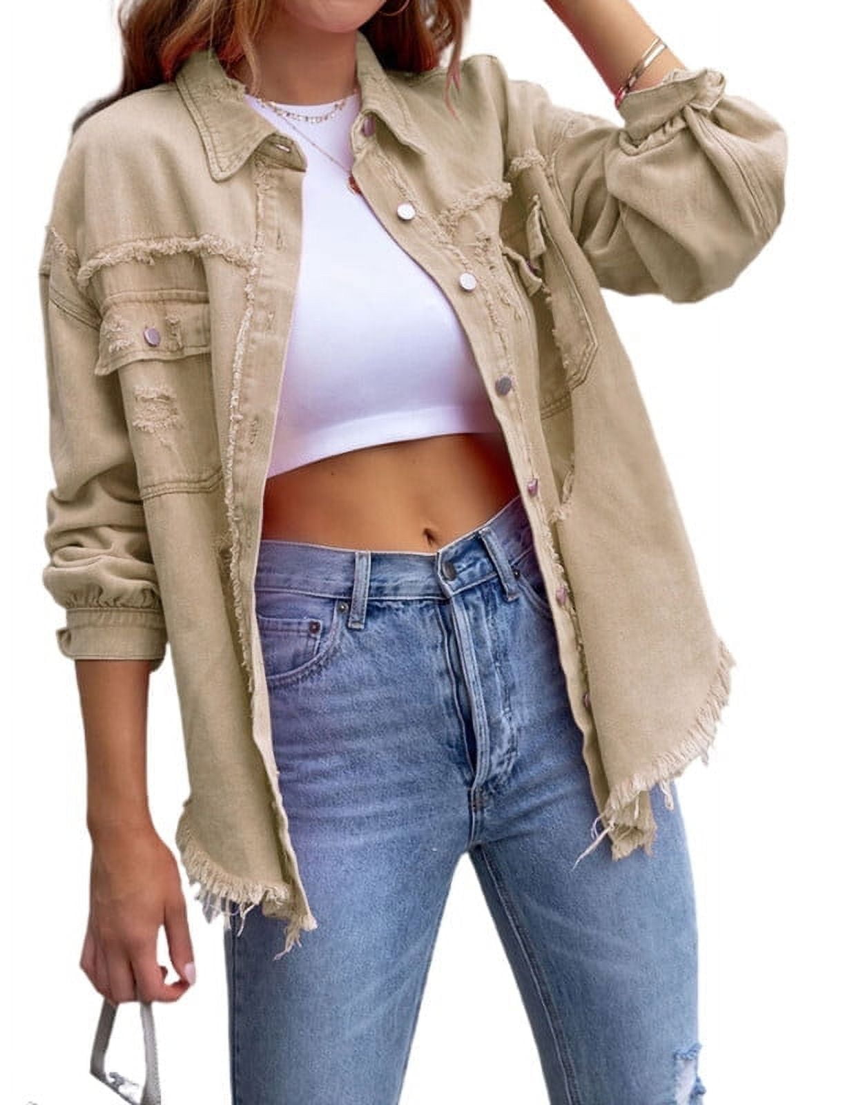 Ripped Jean Jacket for Women Distressed Washed Button Down Frayed Hem ...