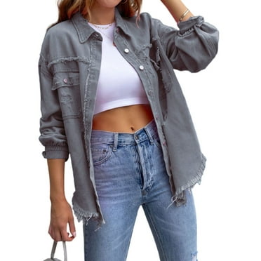 SEARIPE Women's Casual Denim Jacket Frayed Hem Ripped Long Sleeve Jean ...