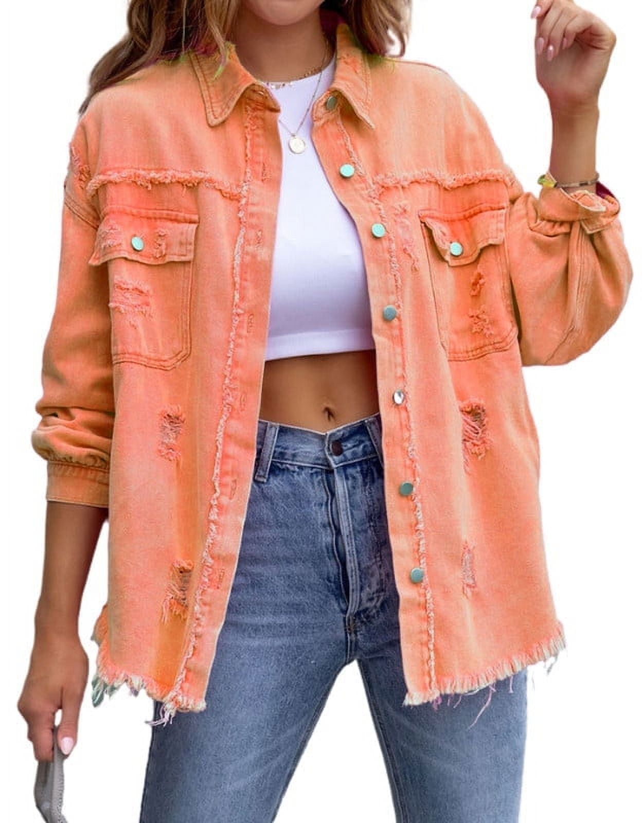 Ripped Jean Jacket for Women Distressed Washed Button Down Frayed Hem ...
