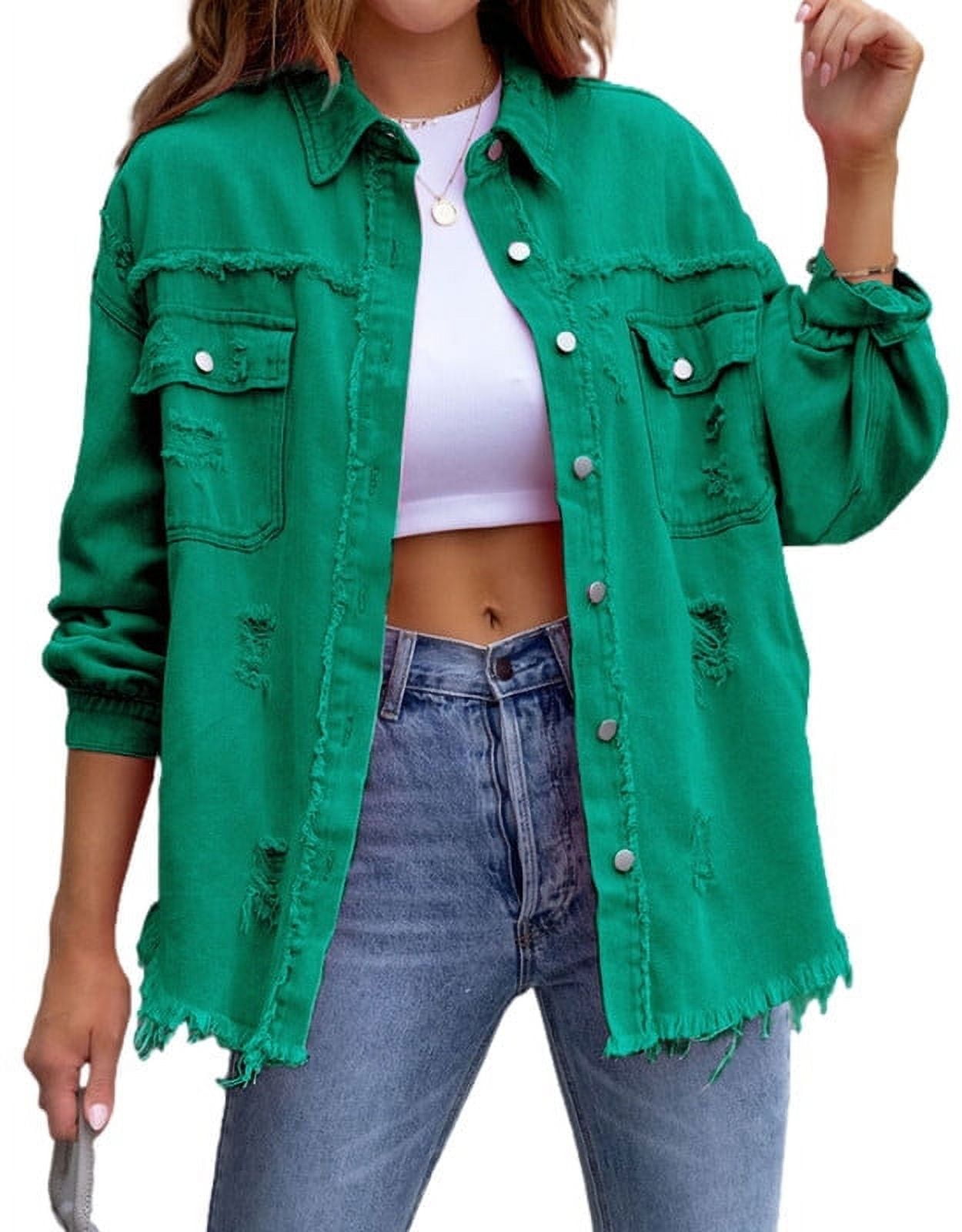 Ripped Jean Jacket for Women Distressed Washed Button Down Frayed Hem ...