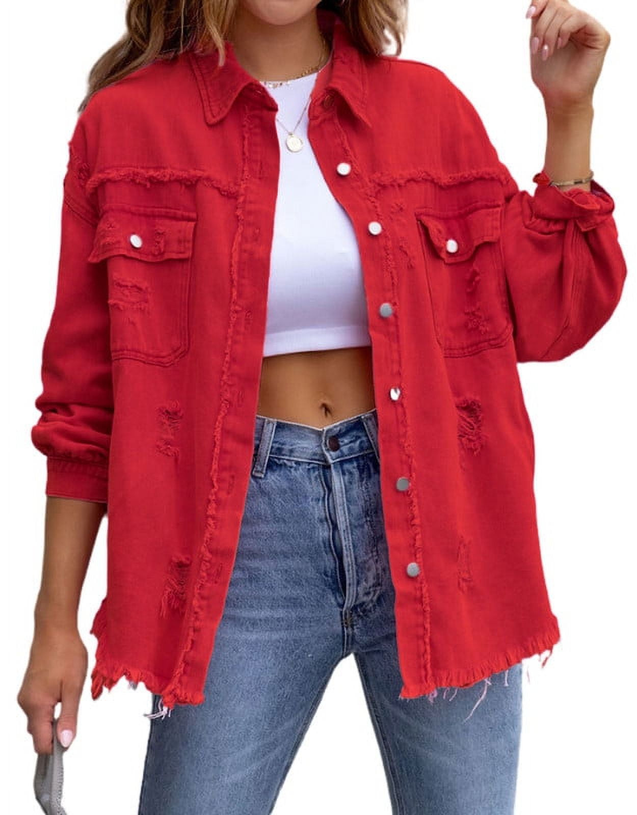 Ripped Jean Jacket for Women Distressed Washed Button Down Frayed Hem ...