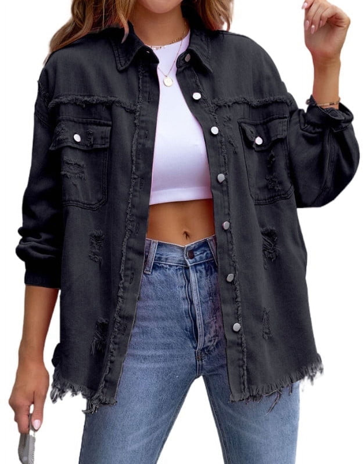 Ripped Jean Jacket for Women Distressed Washed Button Down Frayed Hem ...