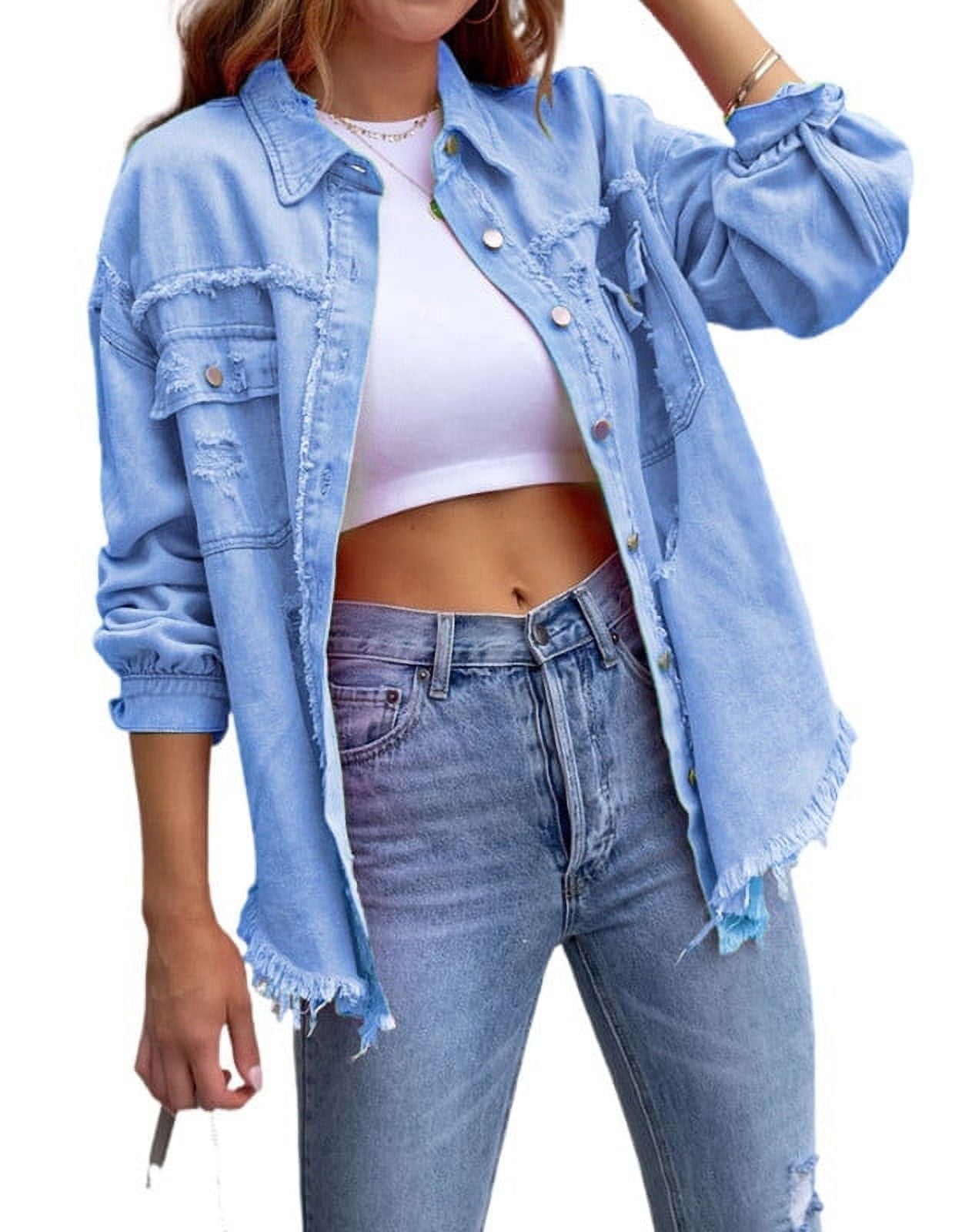 Ripped Jean Jacket for Women Distressed Washed Button Down Frayed Hem ...