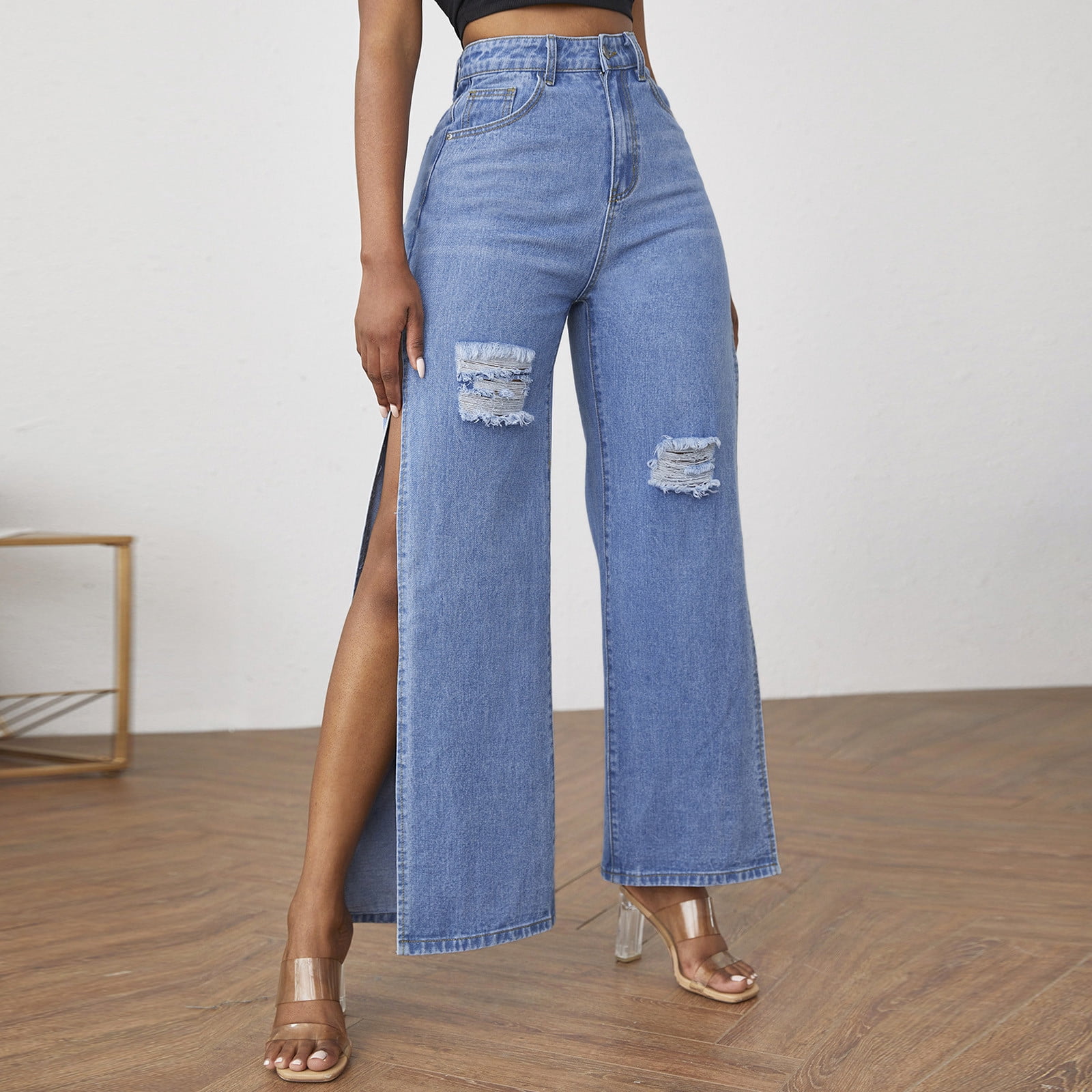 Ripped Jeans for Women Trendy Stretchy High Waist Split Flare Denim ...