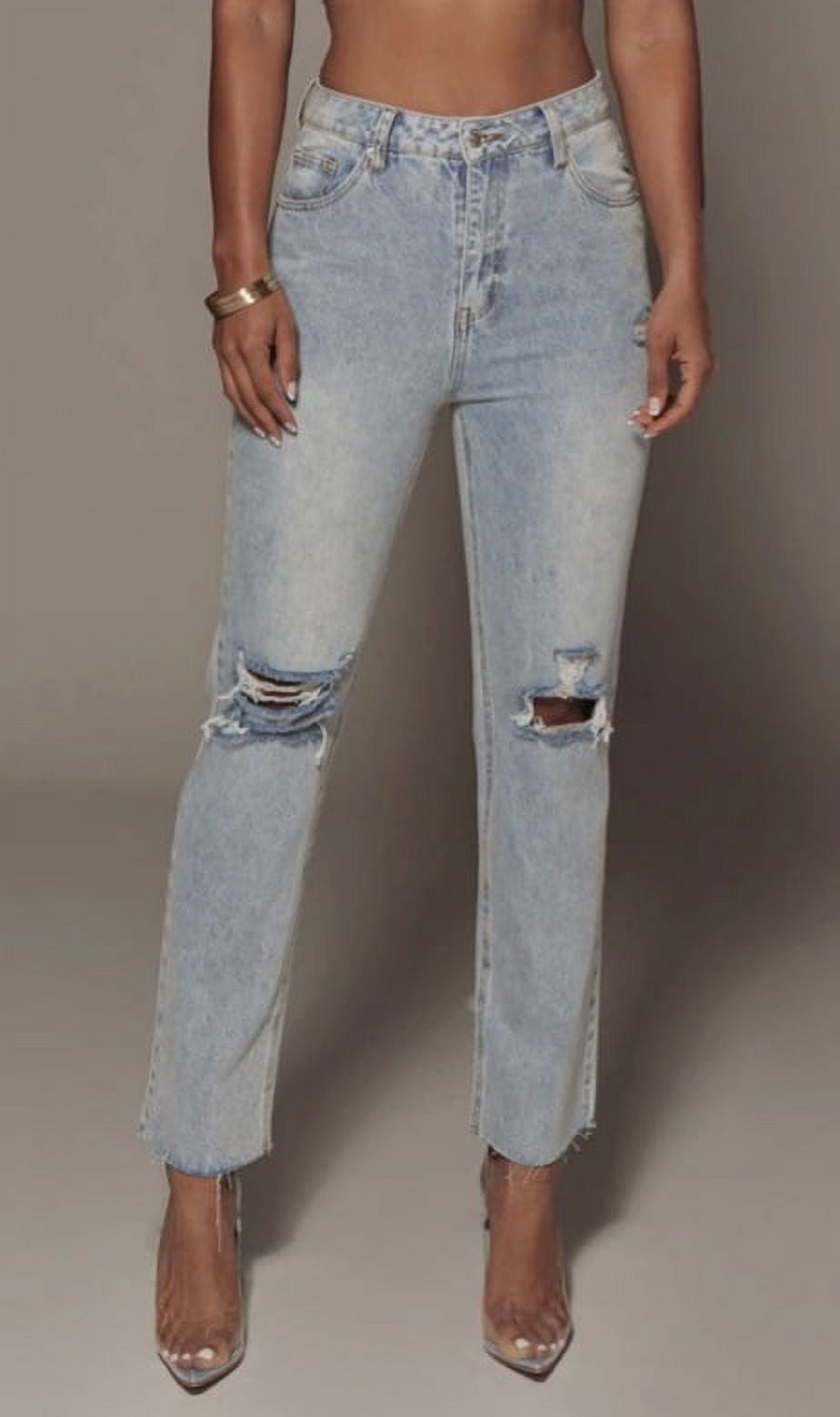 Ripped Straight Leg Denim Jeans (M, LightBlue) - Walmart.com