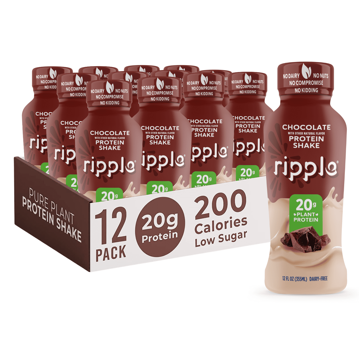 Ripple Chocolate Vegan Protein Shake, Shelf Stable, 12 fl oz, 12 Pack ...