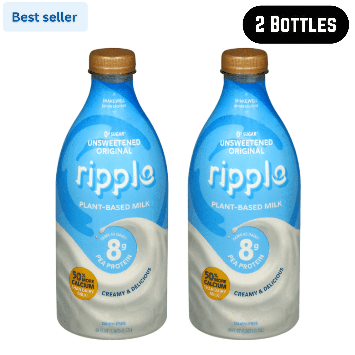 Ripple Dairy-Free Plant-Based Unsweetened Original Milk, 48 fl oz, 2 ...