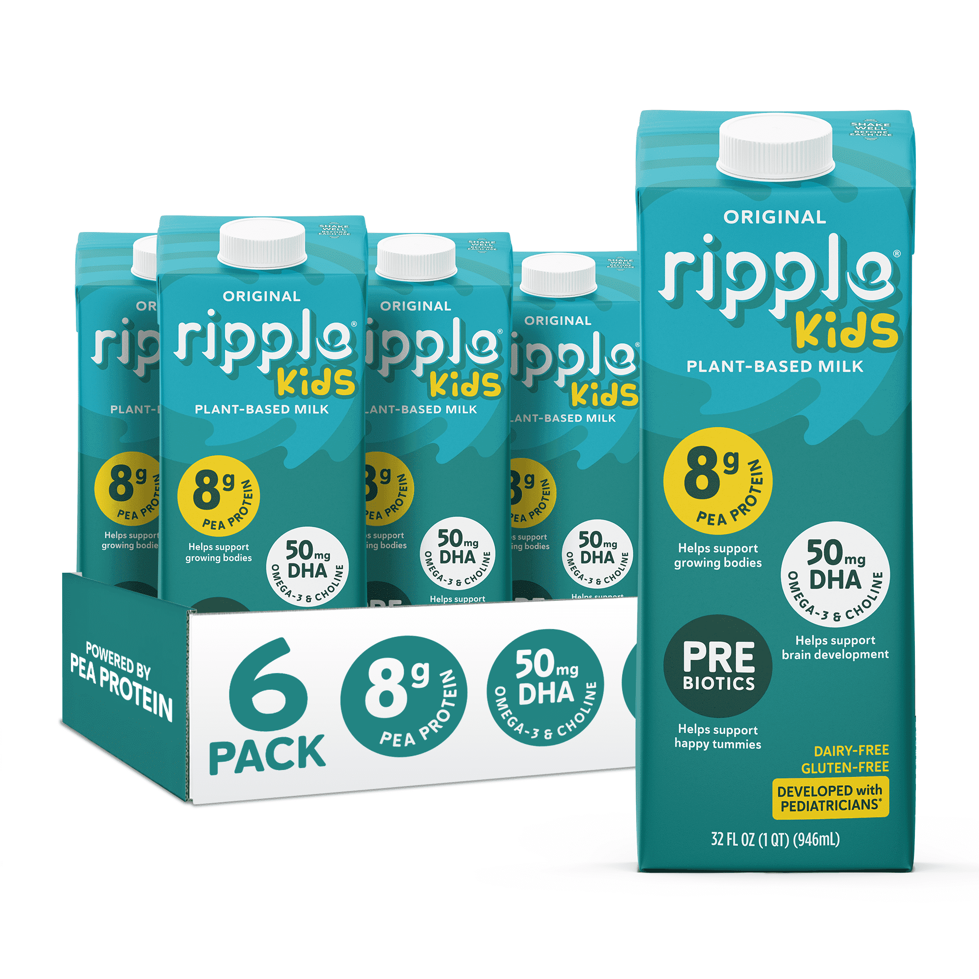 RIPPLE Kids Plant-Based Milk, 8g Pea Protein, Shelf-Stable, Vegan, DHA ...