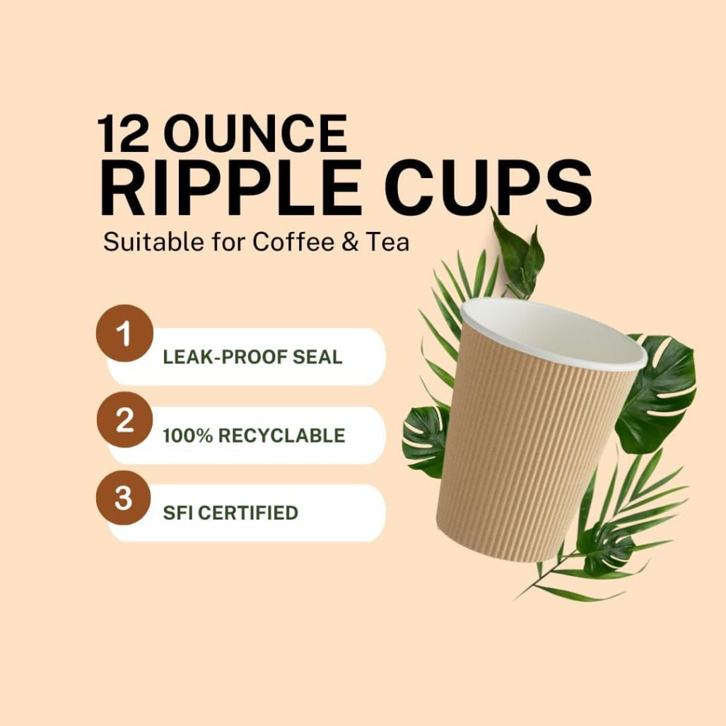 Ripple Paper Cups 12 oz 500 Pack for Coffee & Tea Made in USA | Bulk 500 Count for Home, Office ...