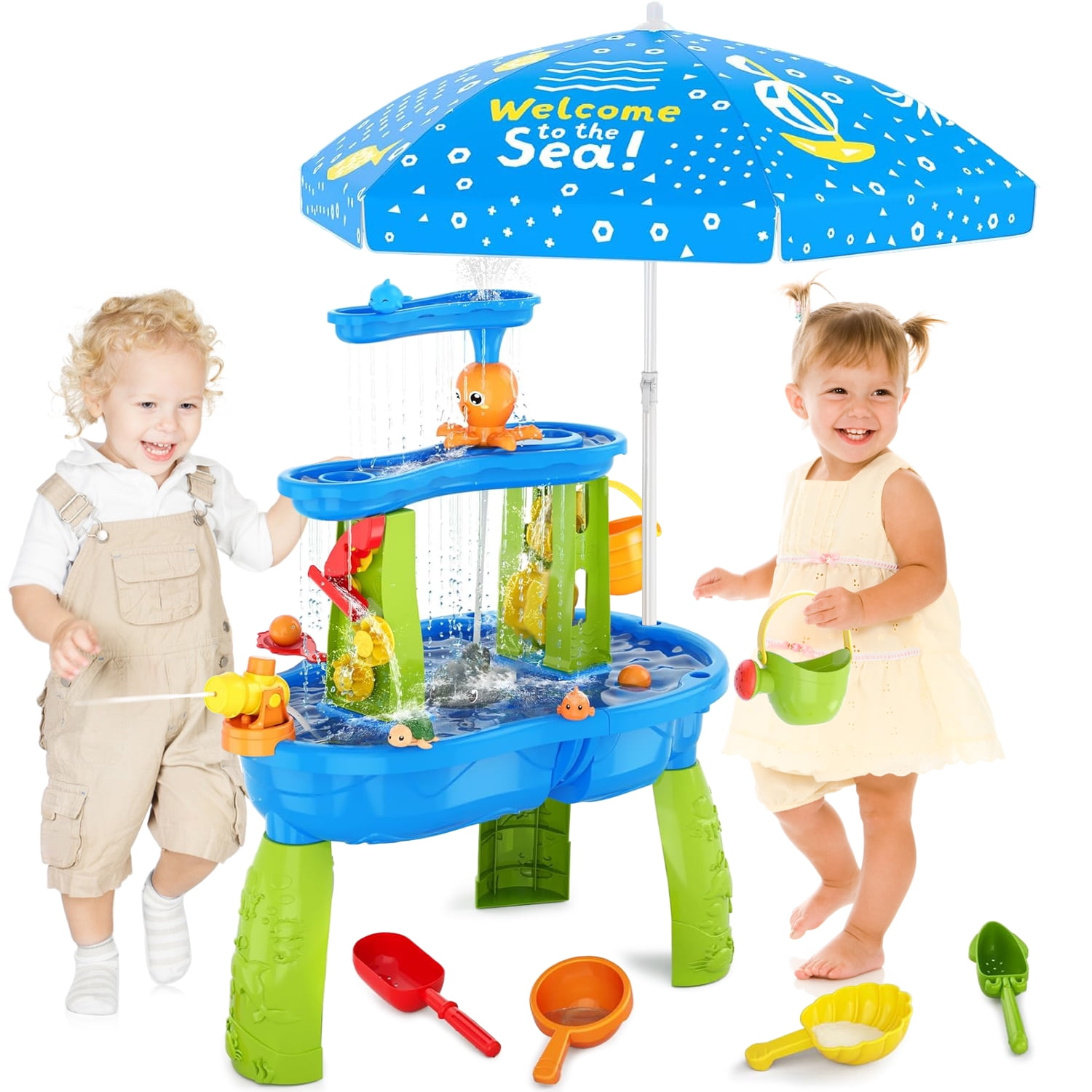 Rirool 3-Tier Water Table for Toddlers with Umbrella & Water Pump, Rain ...