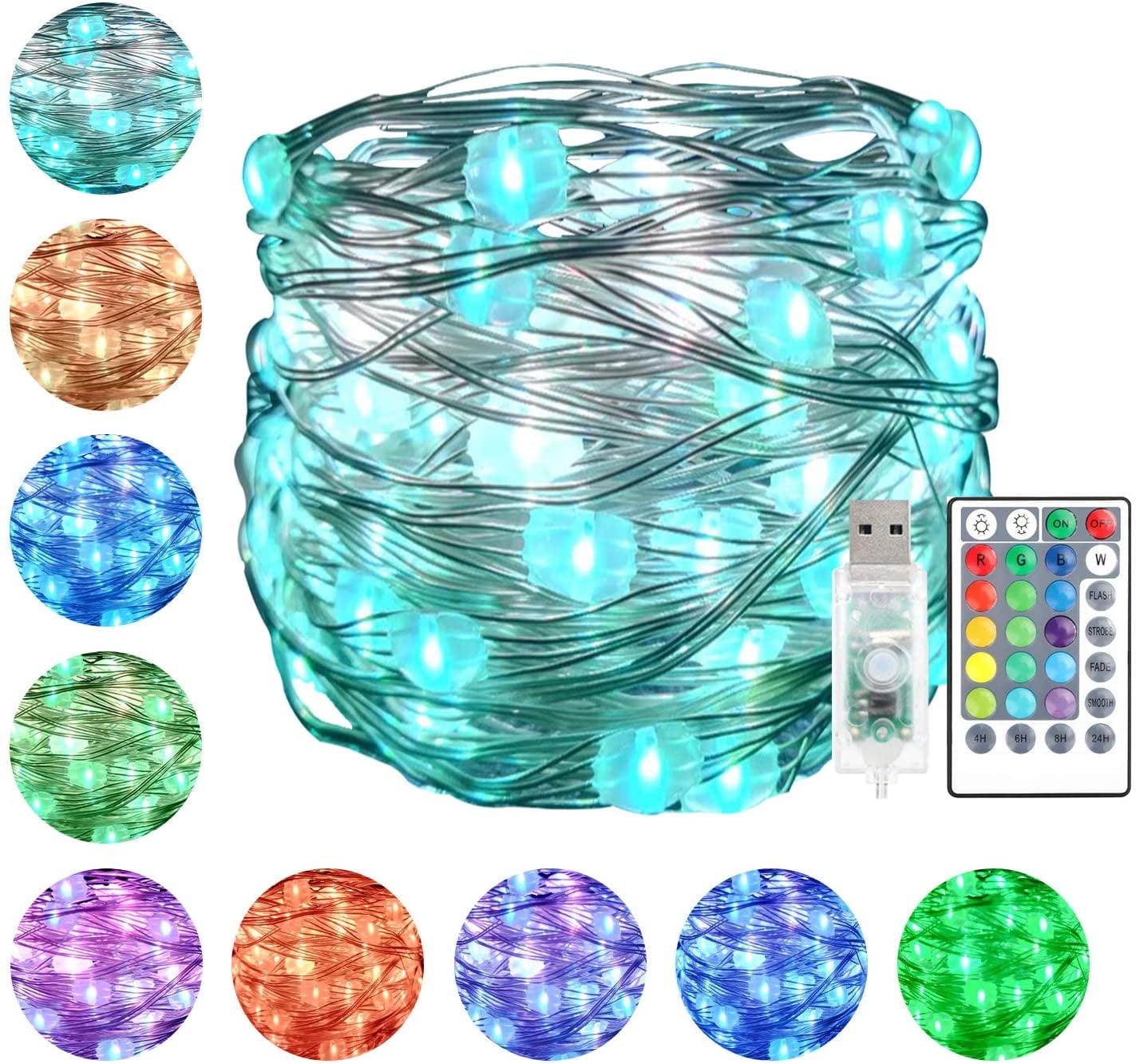 Rirool 33ft RGB LED Fairy Lights with Remote, USB Powered String Lights ...