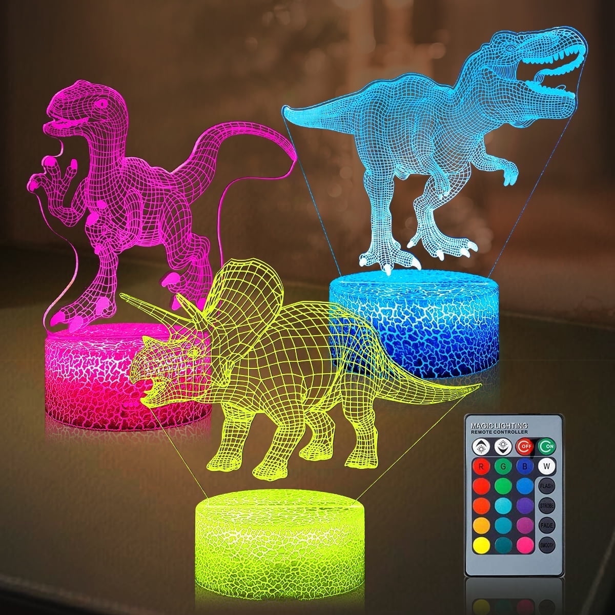 Rirool 3D Dinosaur Night Light - 16 Color Change, Remote Control ...